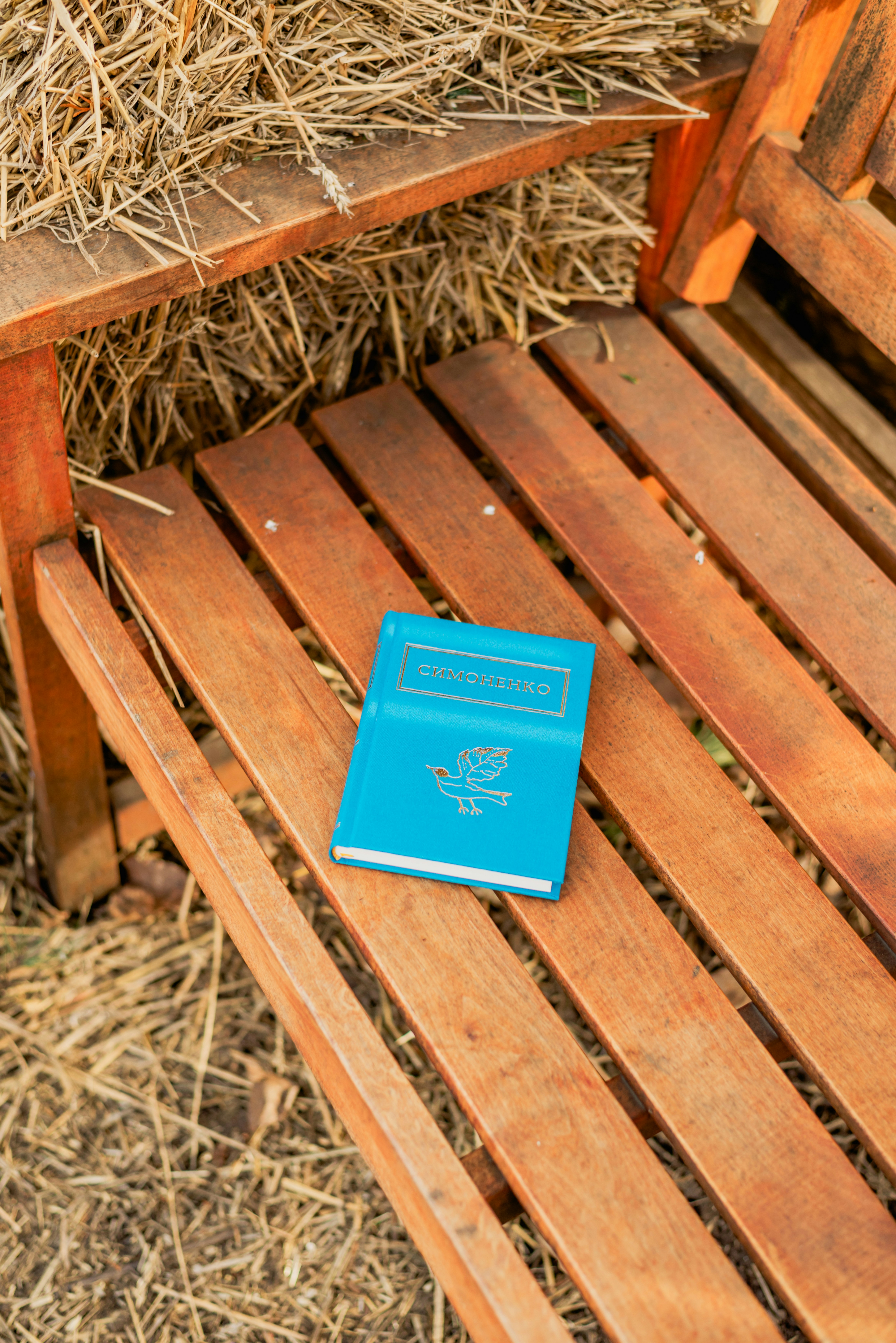Azure Passport on a Weathered Bench Amid Hay and Soft Farm Light