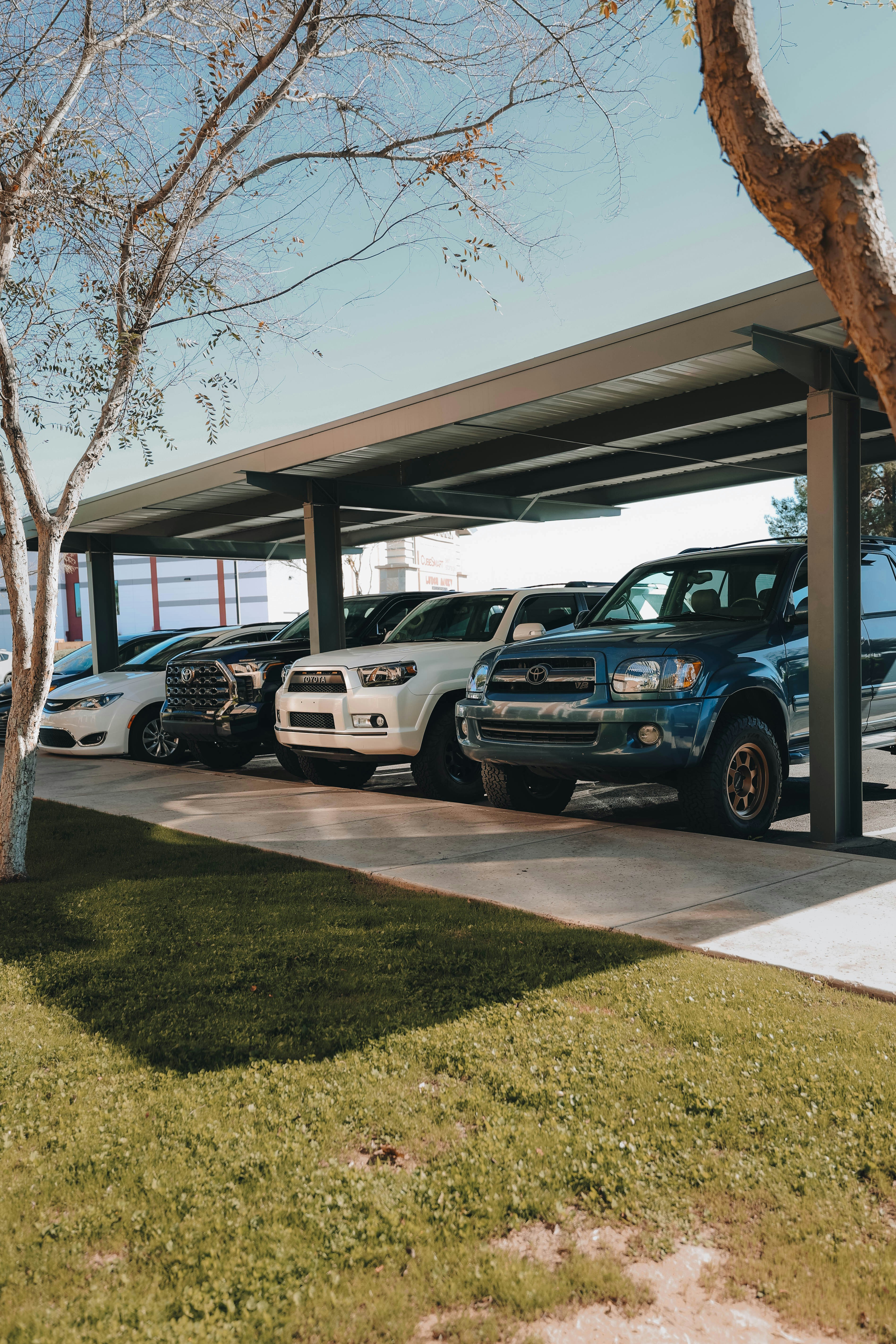 Blue Frontier under Shade: A Row of Pickup Trucks in Carport Light