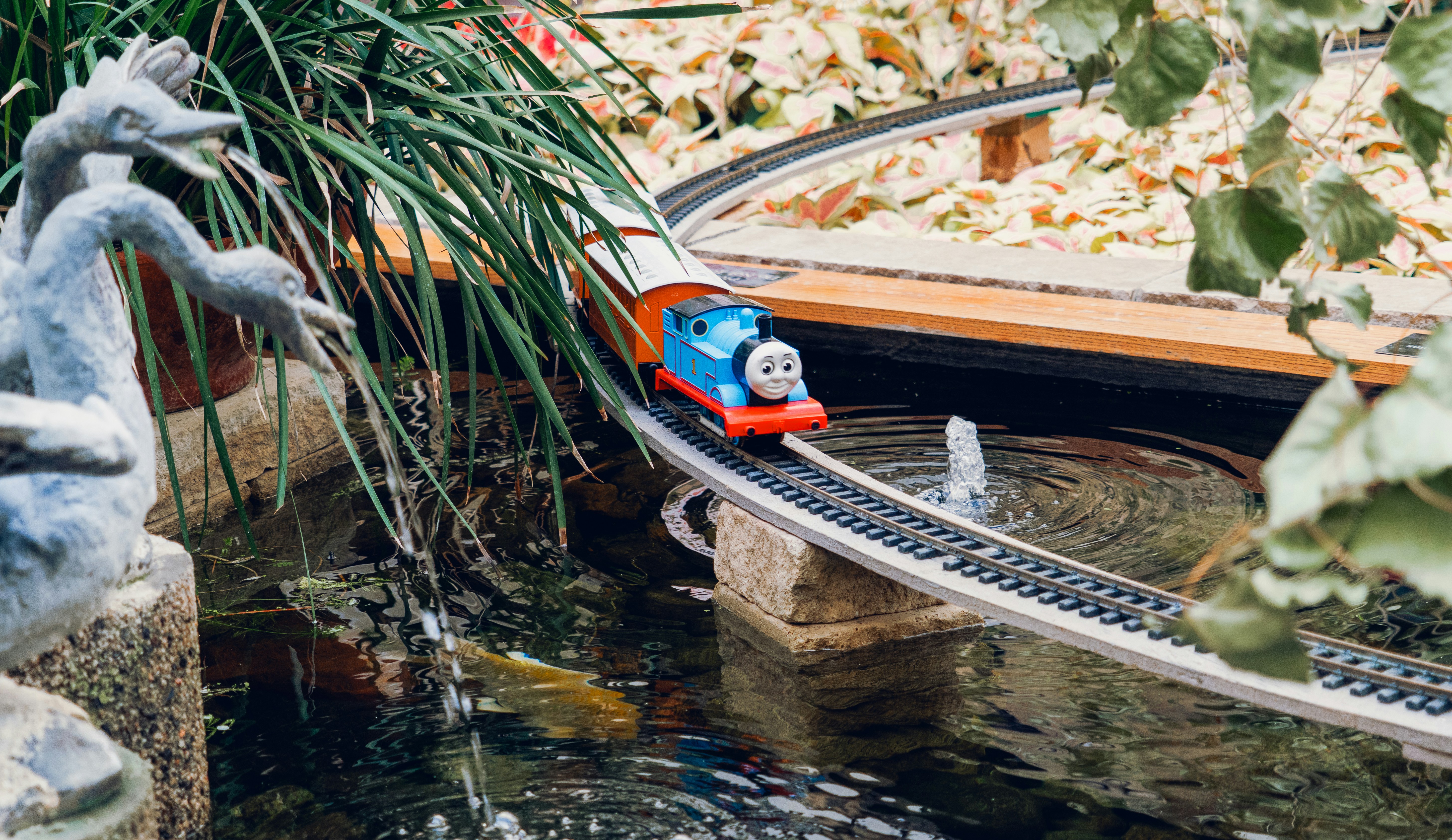 A thomas the tank engine train rides around a pond photo – Free Water ...