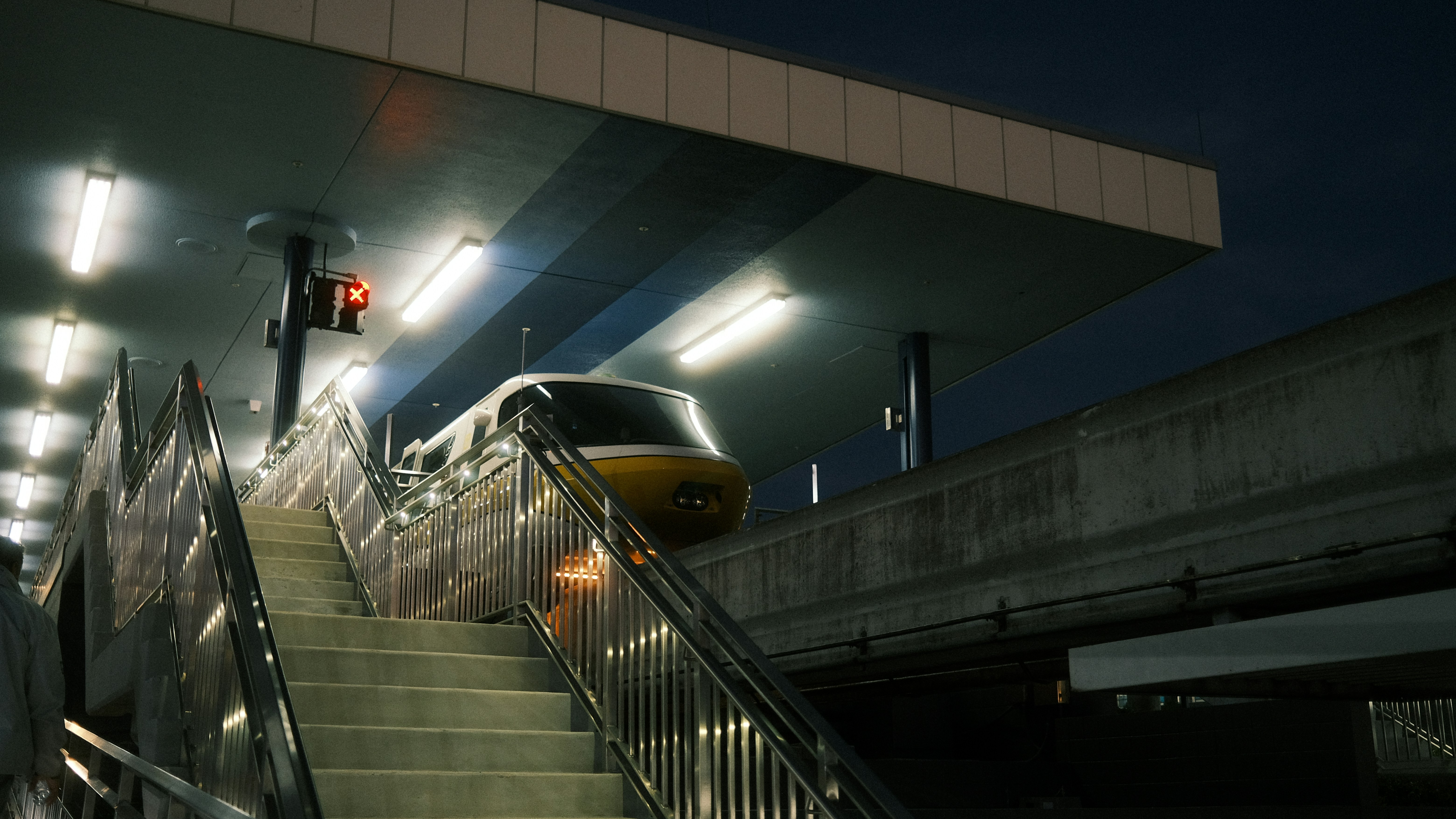 Night Train Under Neon Canopy: A Platform's Quiet Moment