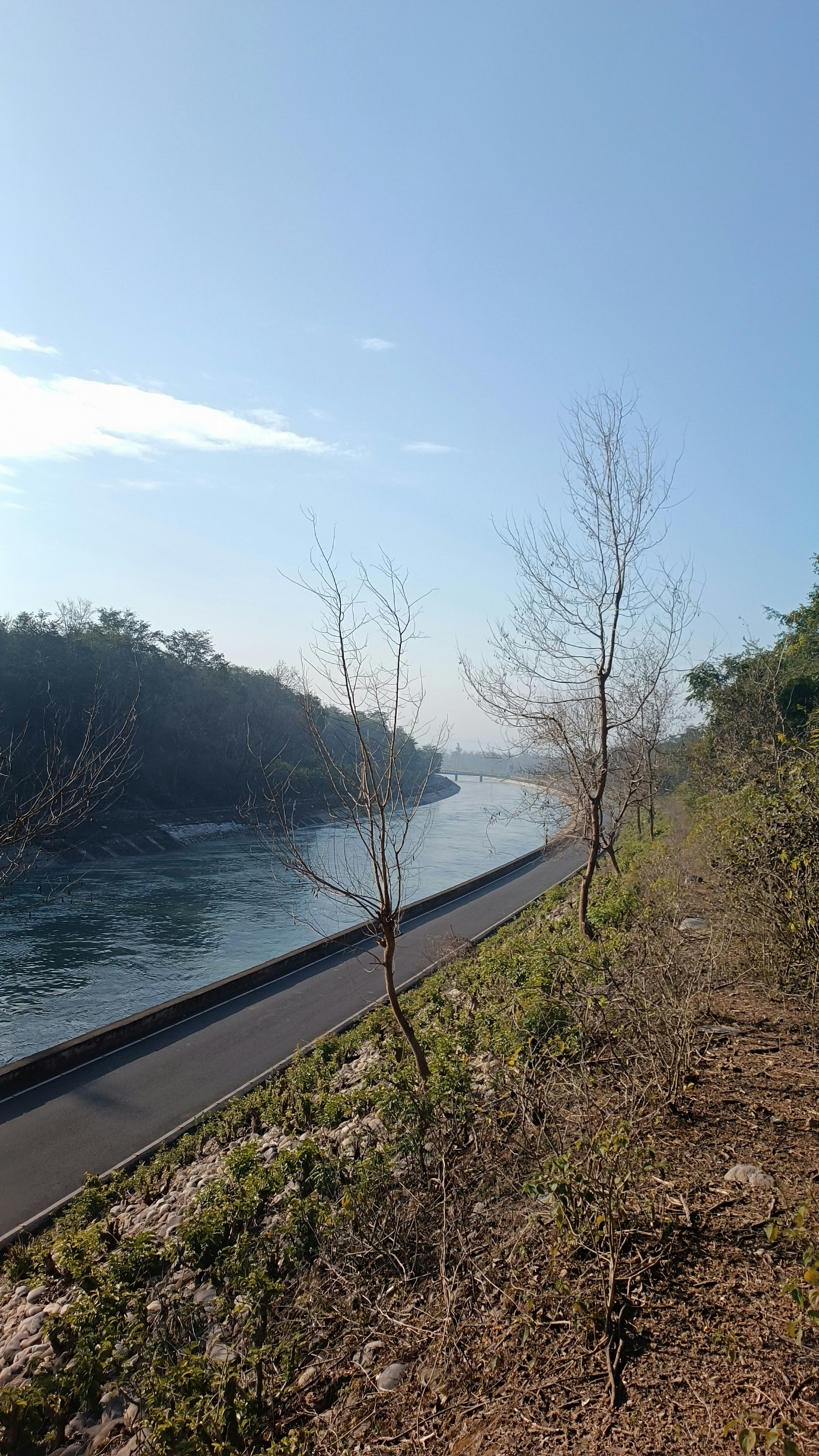 Wide canal runs parallel to a paved road, bordered by sparse, leafless trees under a clear blue sky.