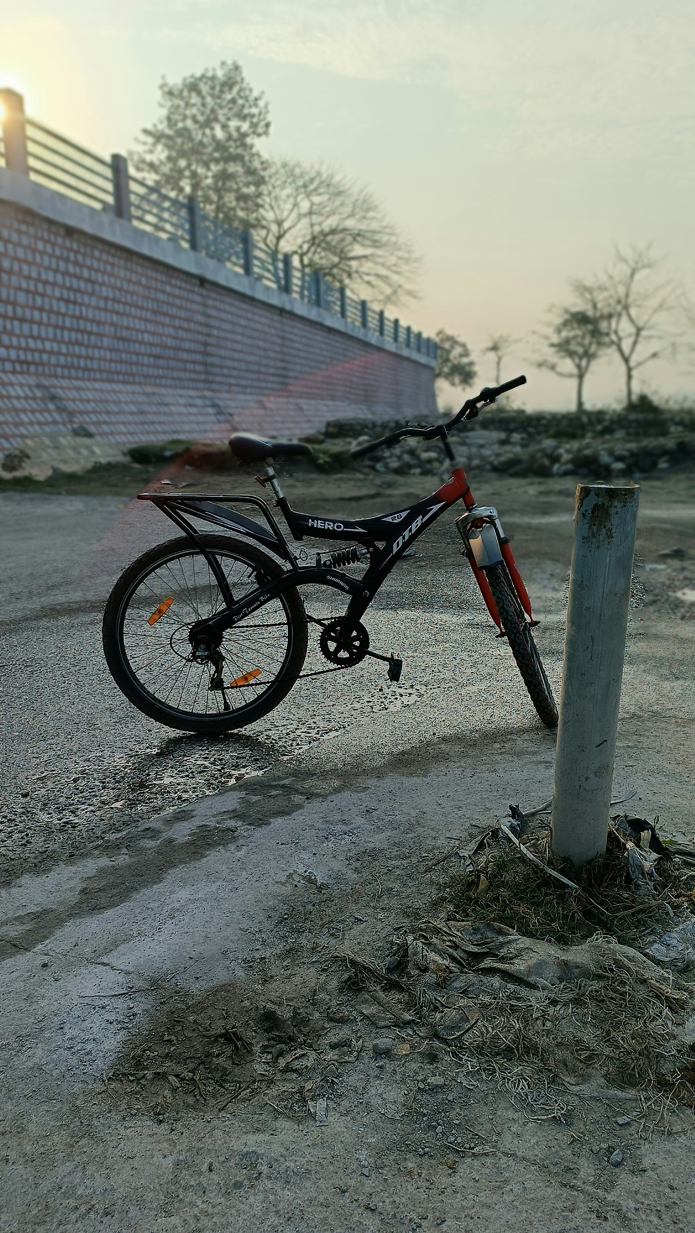 A mountain bike rests on a damp path beside a brick retaining wall with bare trees in the background at sunset. The frame highlights urban textures and the soft, fading light.