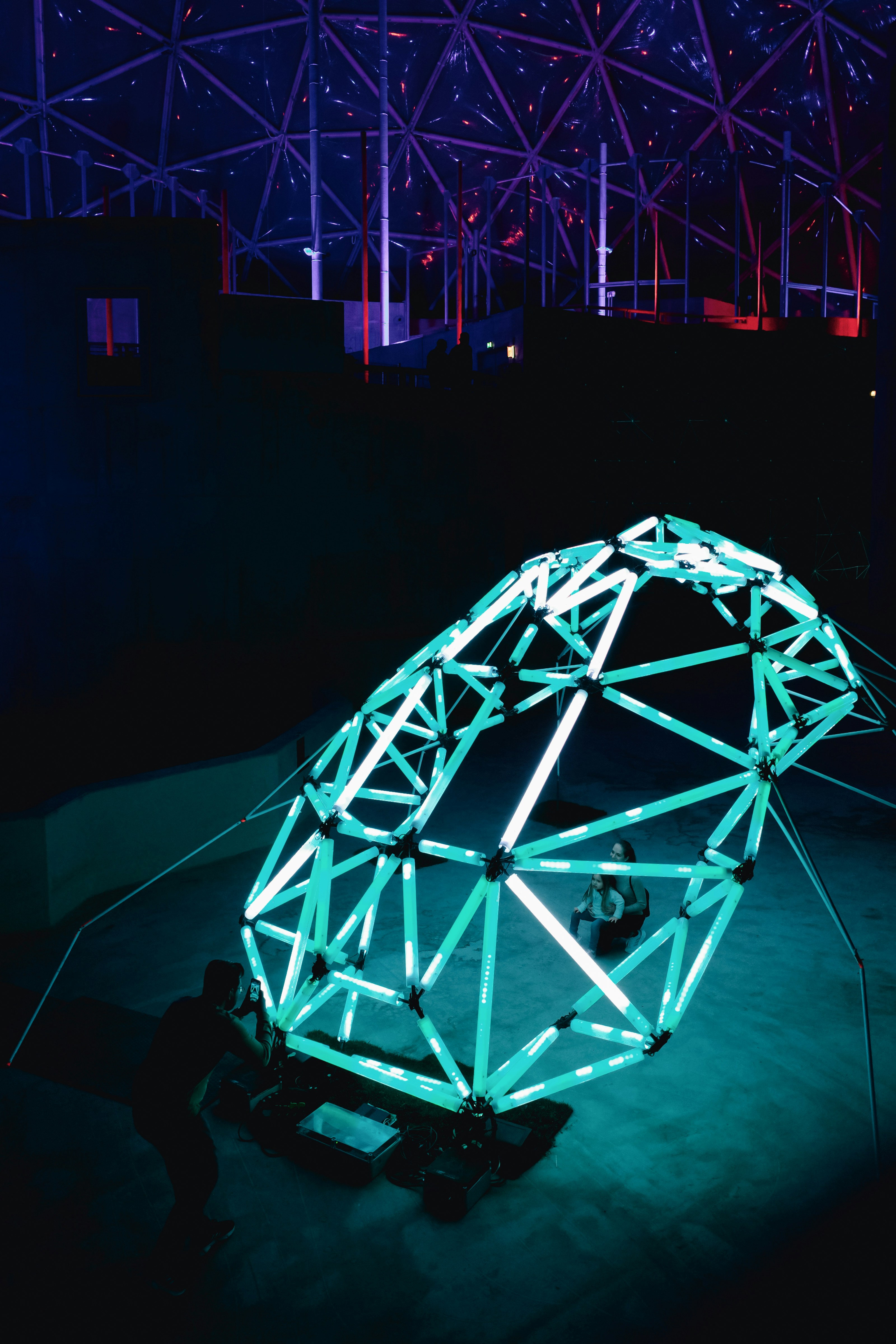 Neon Geodesic Orb Under a Lattice Dome