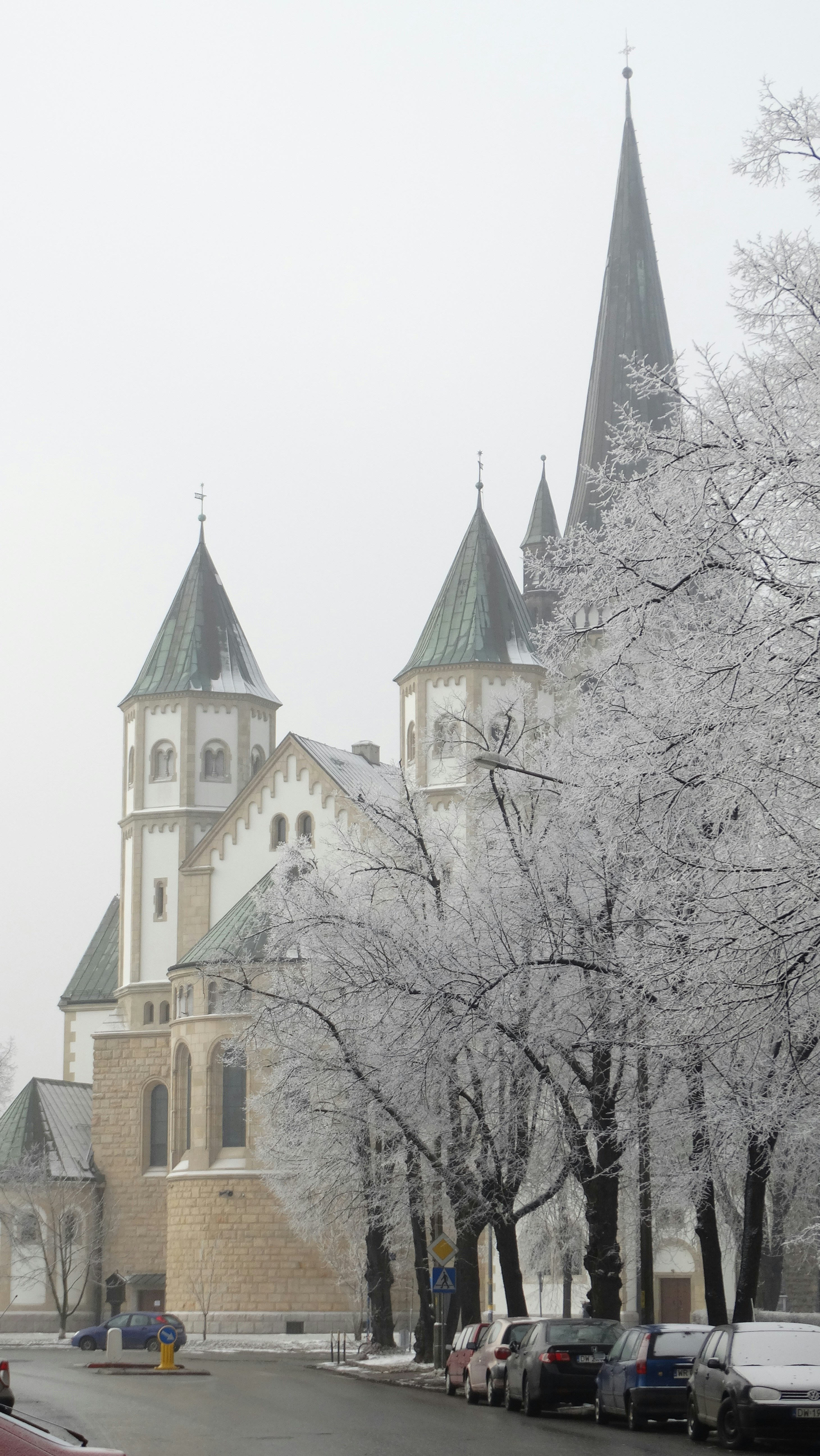 Frost-covered trees line a street leading to a gothic cathedral under a misty sky.