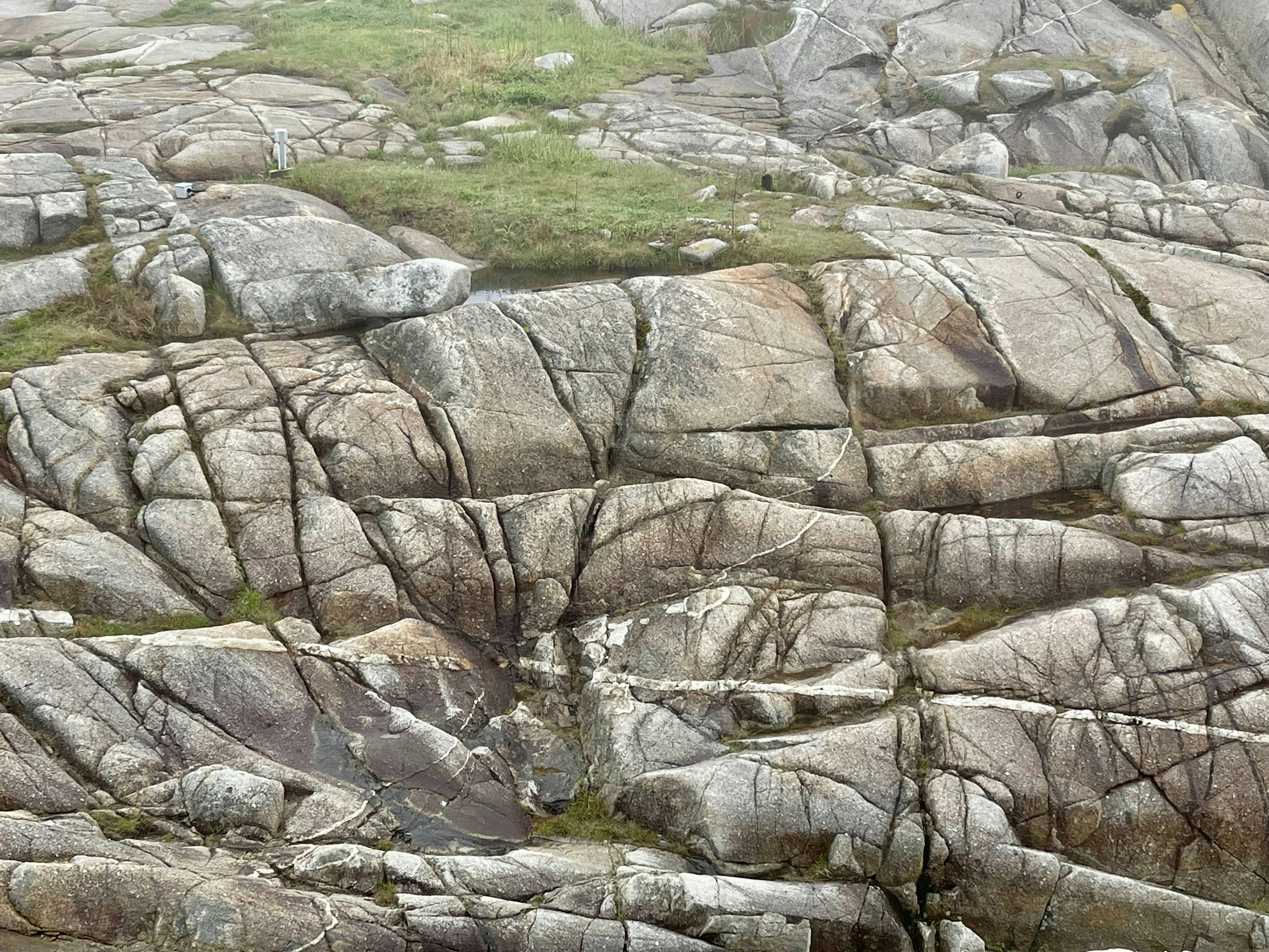 Veined Granite Mosaic: Weathered Rock Plates Fractured by Light and Green Between Cracks