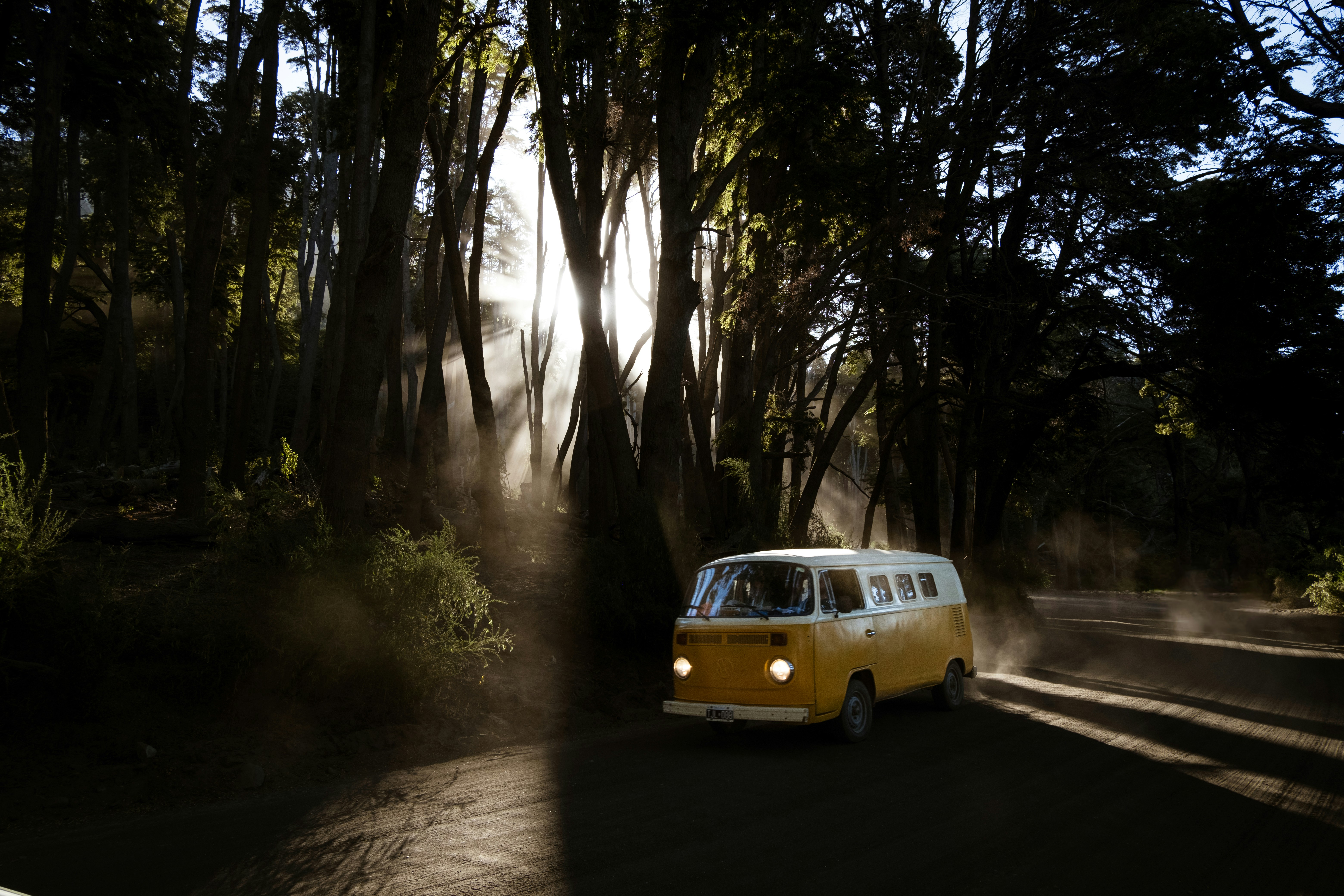 A yellow and white van driving down a road next to trees photo – Free ...