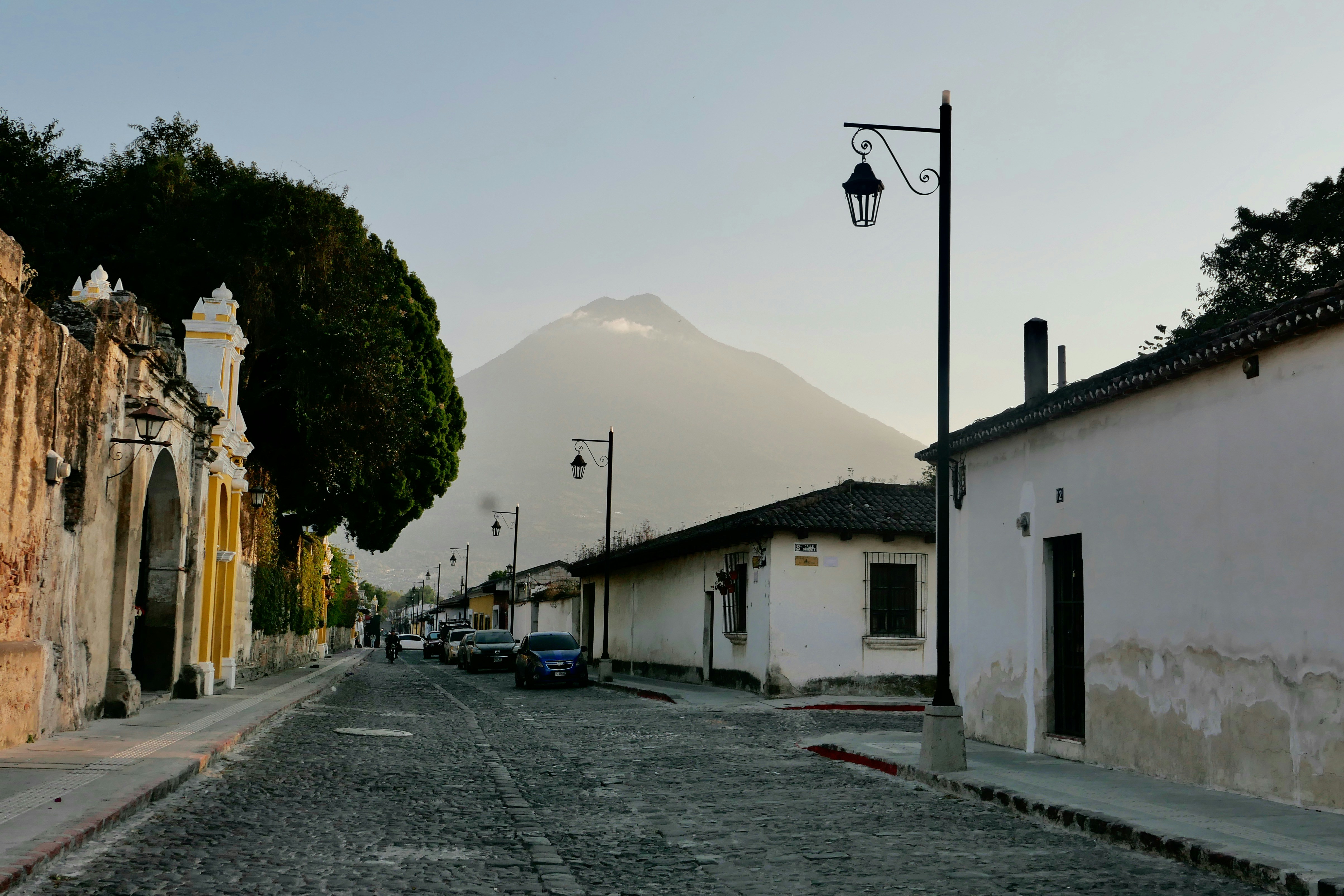 Volcano Dawn Over a Cobblestone Calle