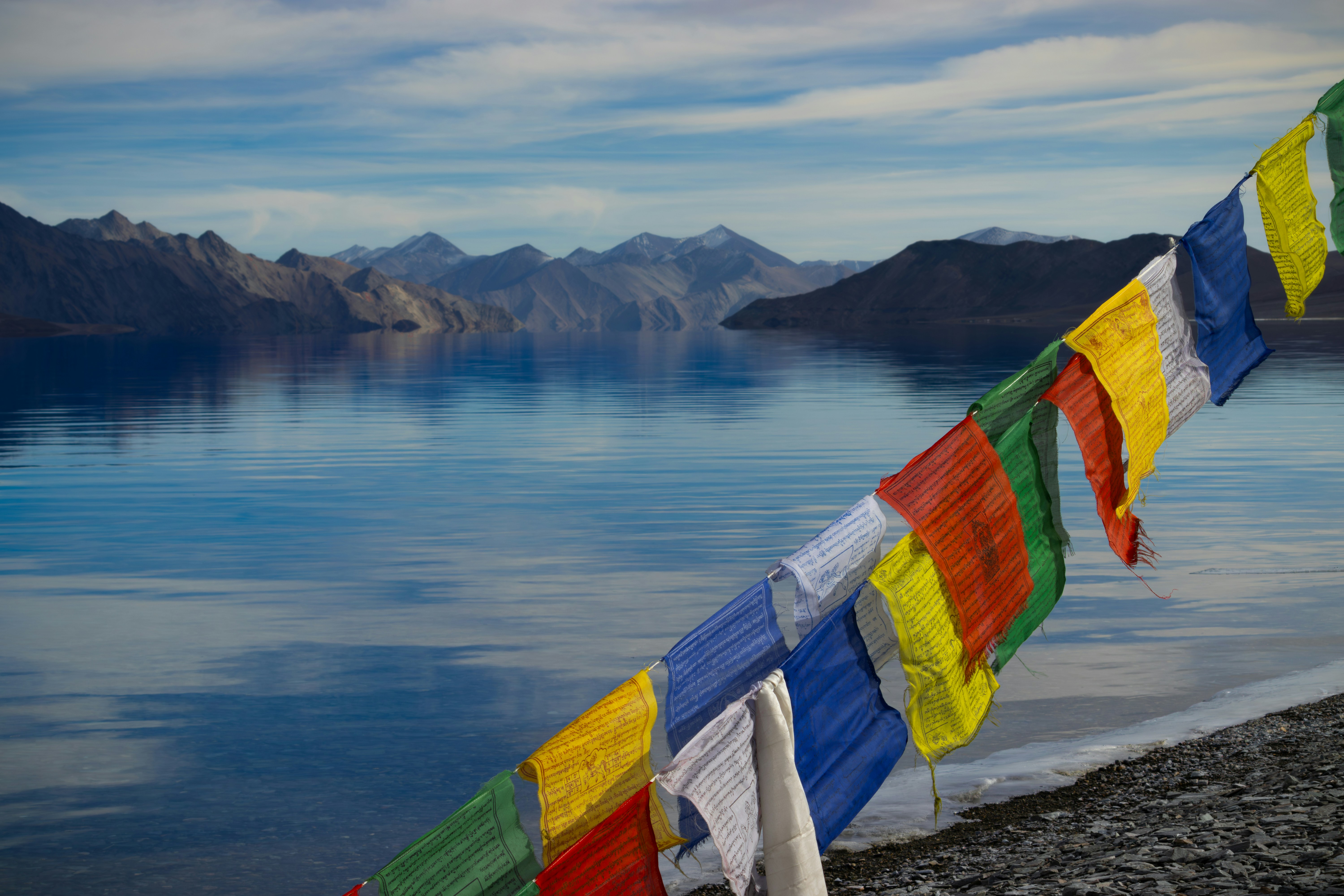 Prayer Flags Framing a Glassy Alpine Lake