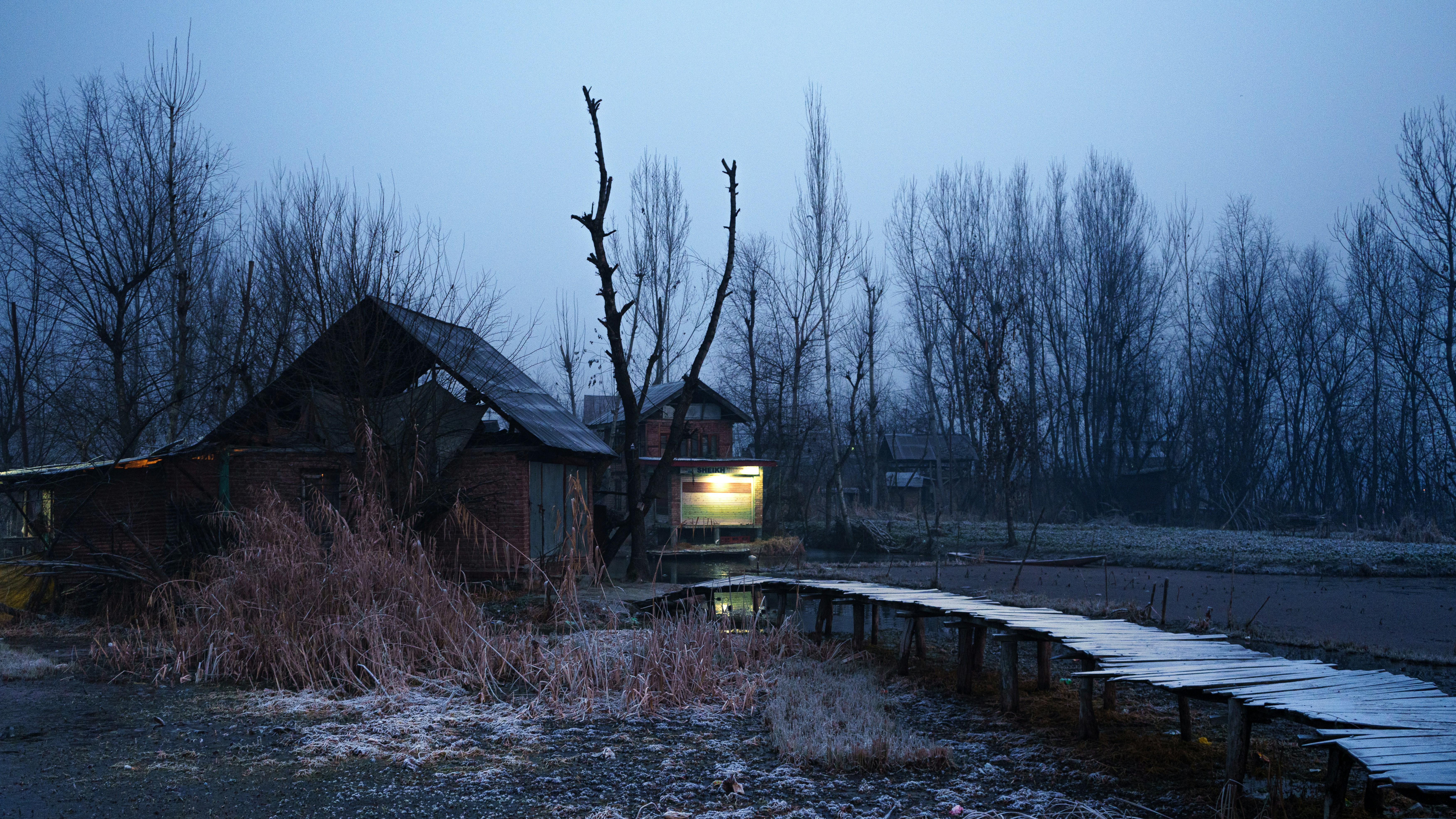 Snow-dusted cabins with soft evening light in a serene, frosty landscape.