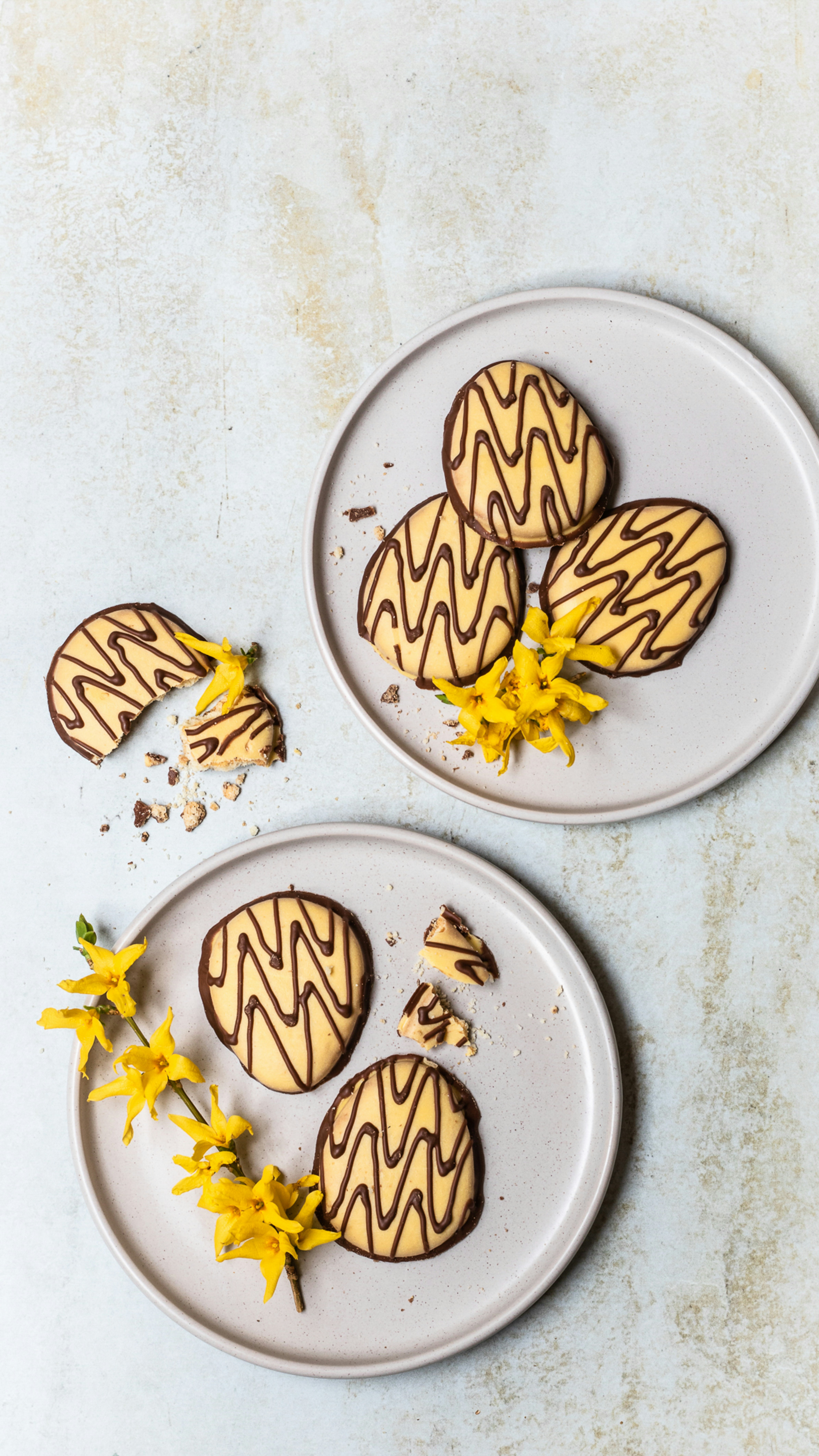 Zigzag-Drizzled Cookies Nestled Between Pale Plates and Bright Yellow Sprigs