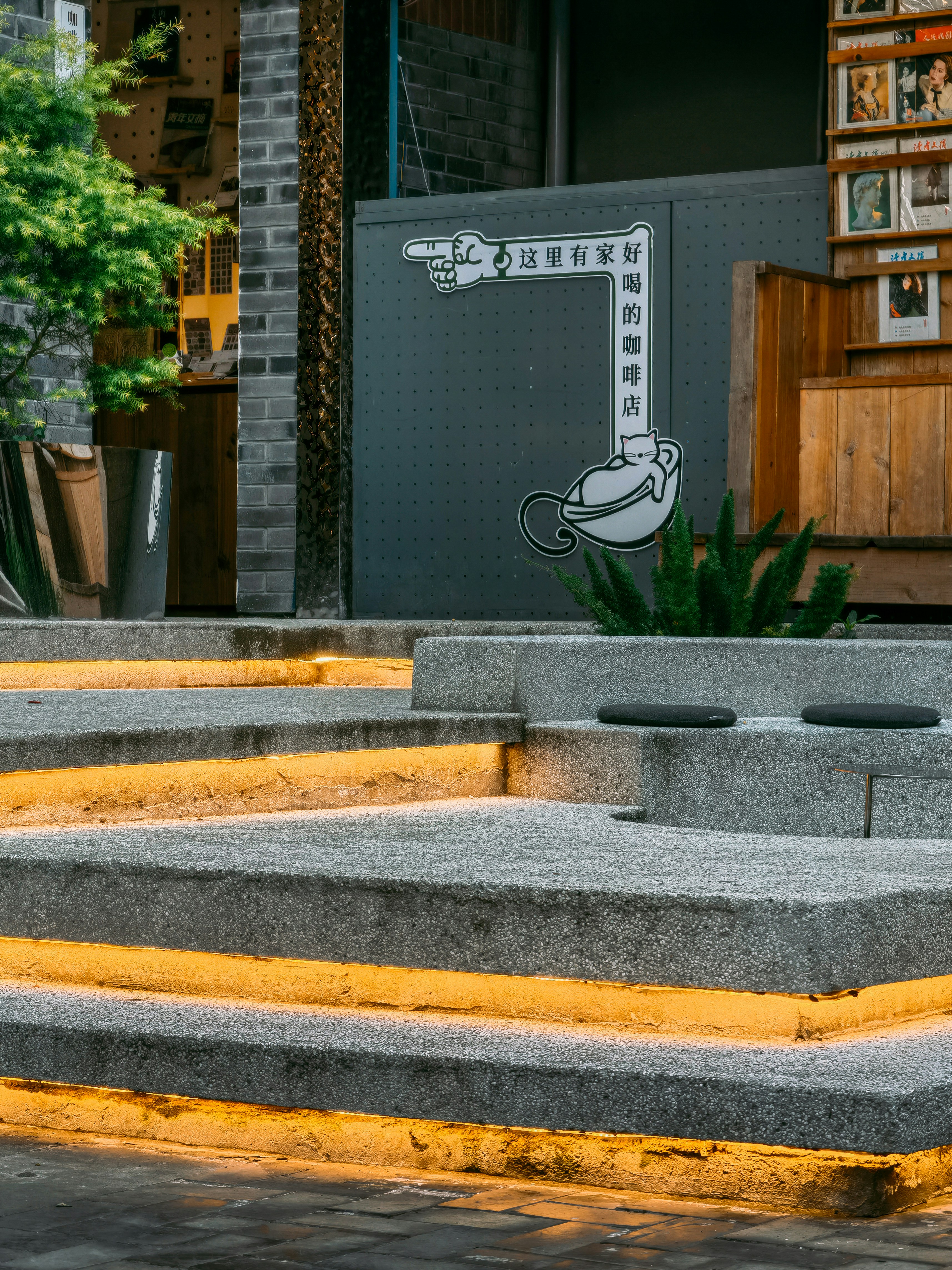 A concrete step with yellow steps leading up to a building photo – Free ...