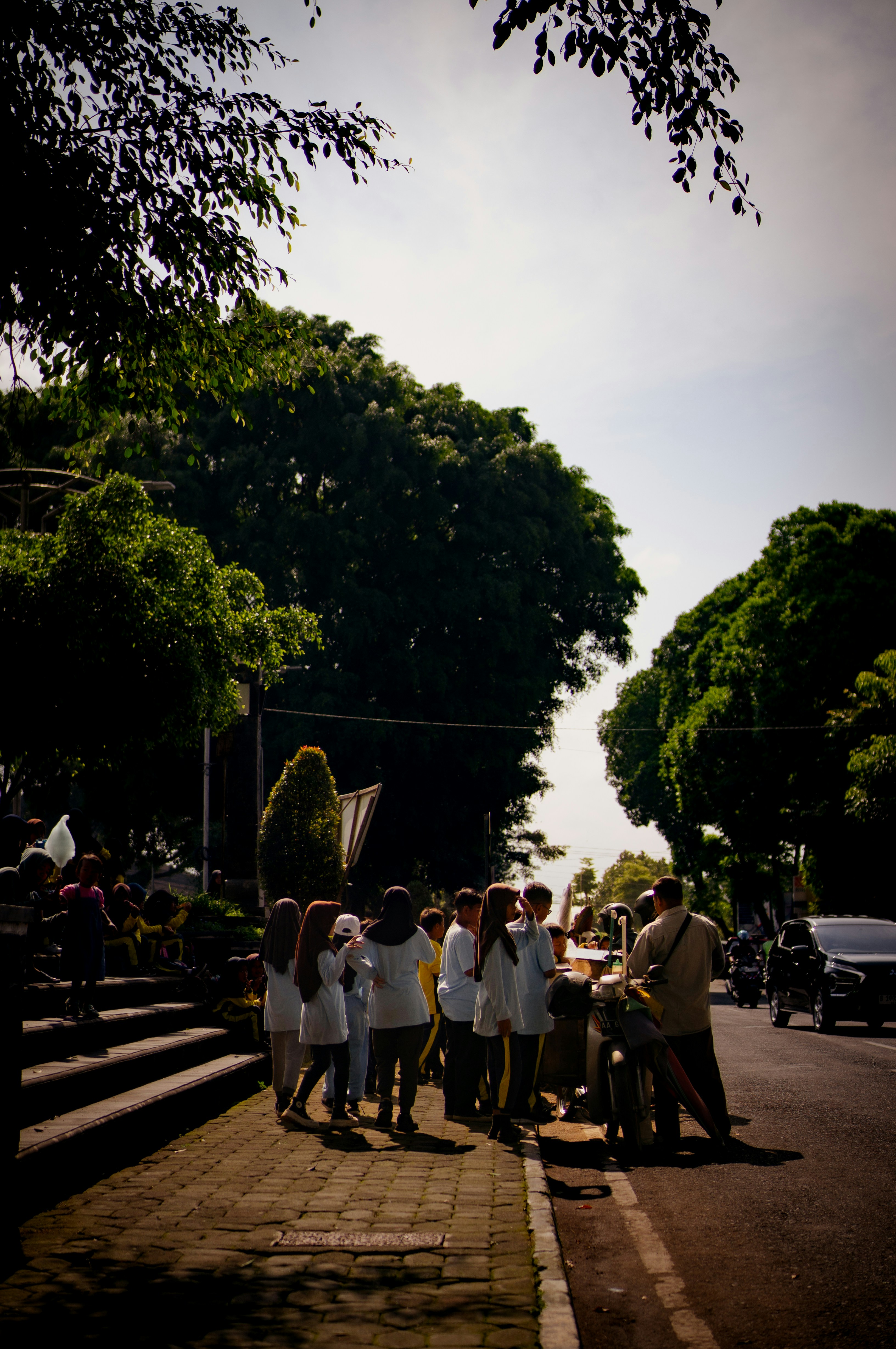 Candid street photograph of a group gathered on a shaded sidewalk along a tree-lined avenue.