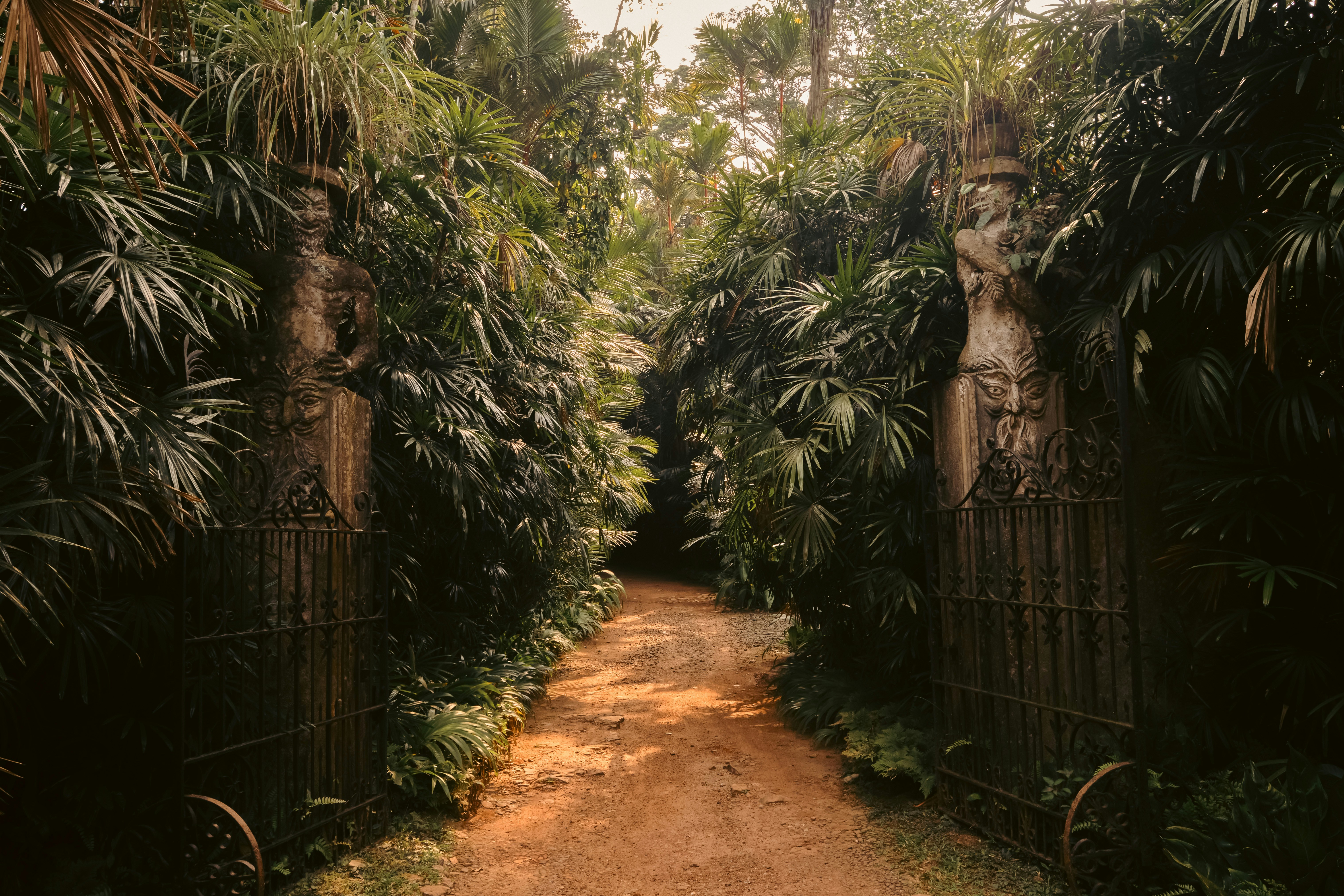 A serene pathway flanked by lush greenery and ornate stone gates, inviting exploration into a secluded garden. Sunlight filters through the foliage, creating a tranquil atmosphere.