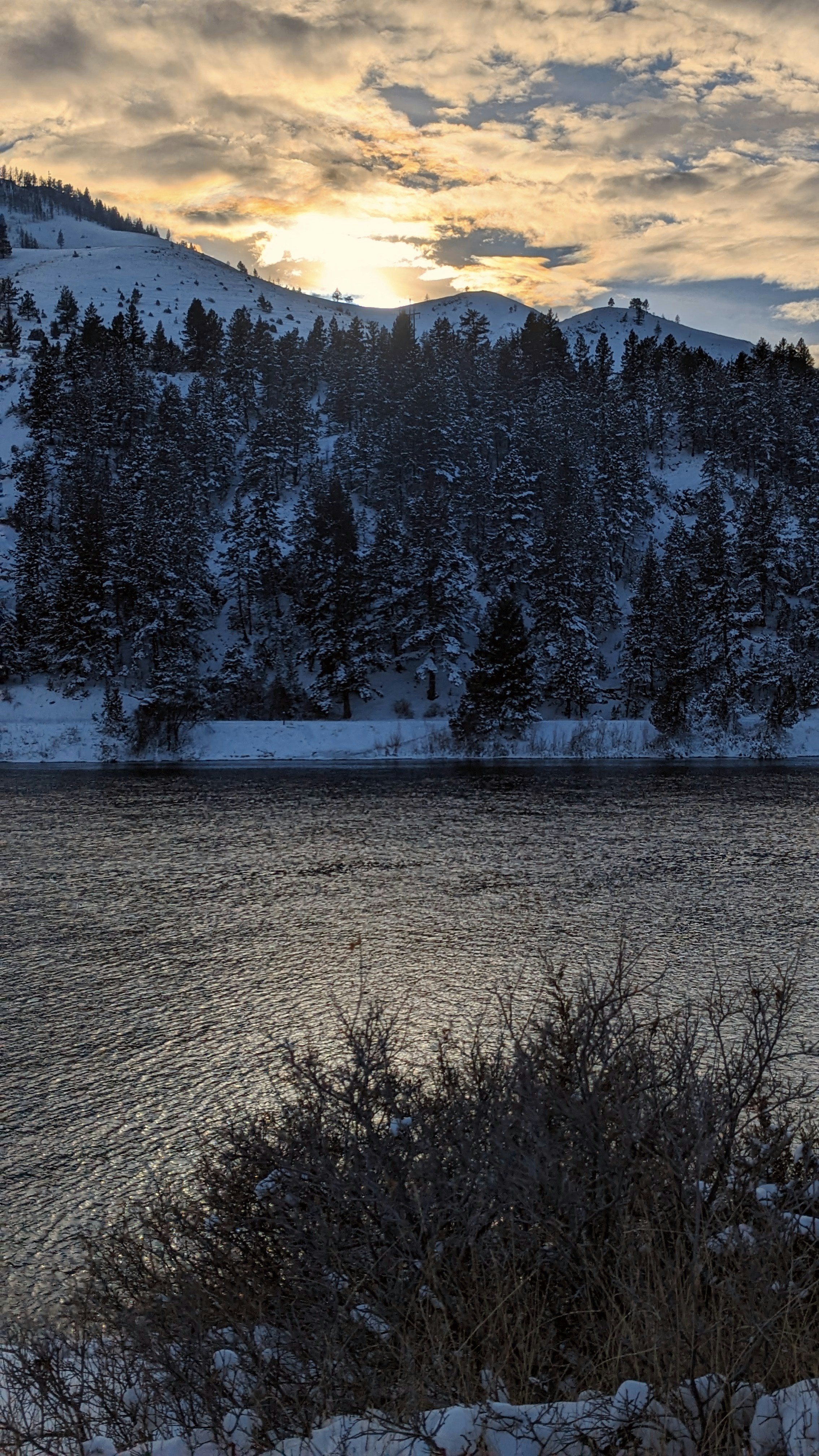 Sunrise Over Snow-Capped Pines Beside a Quiet River