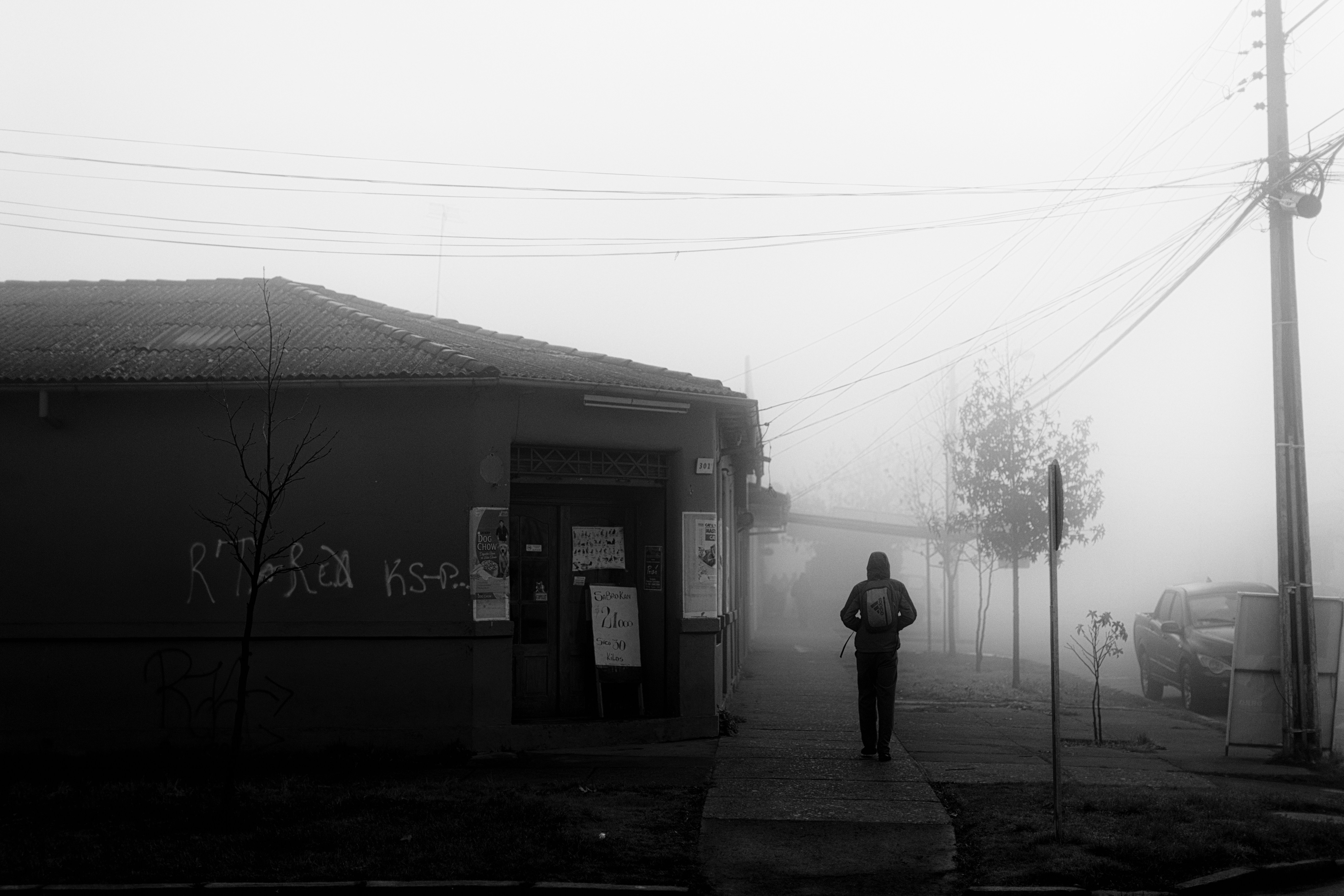Mist-Walk: A solitary figure threads through a fog-softened street