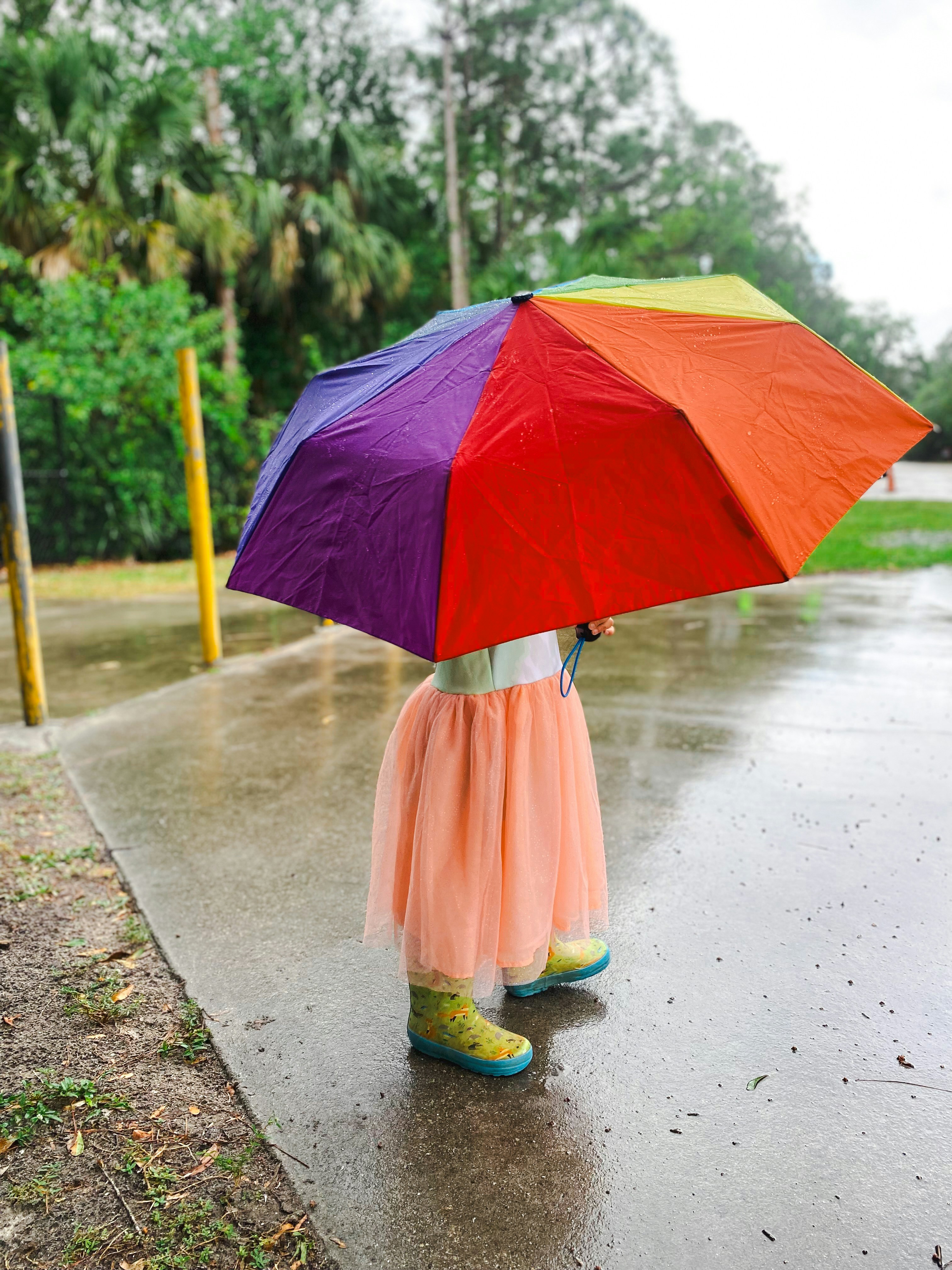 Child with a rainbow umbrella and rainboots standing on a wet path.