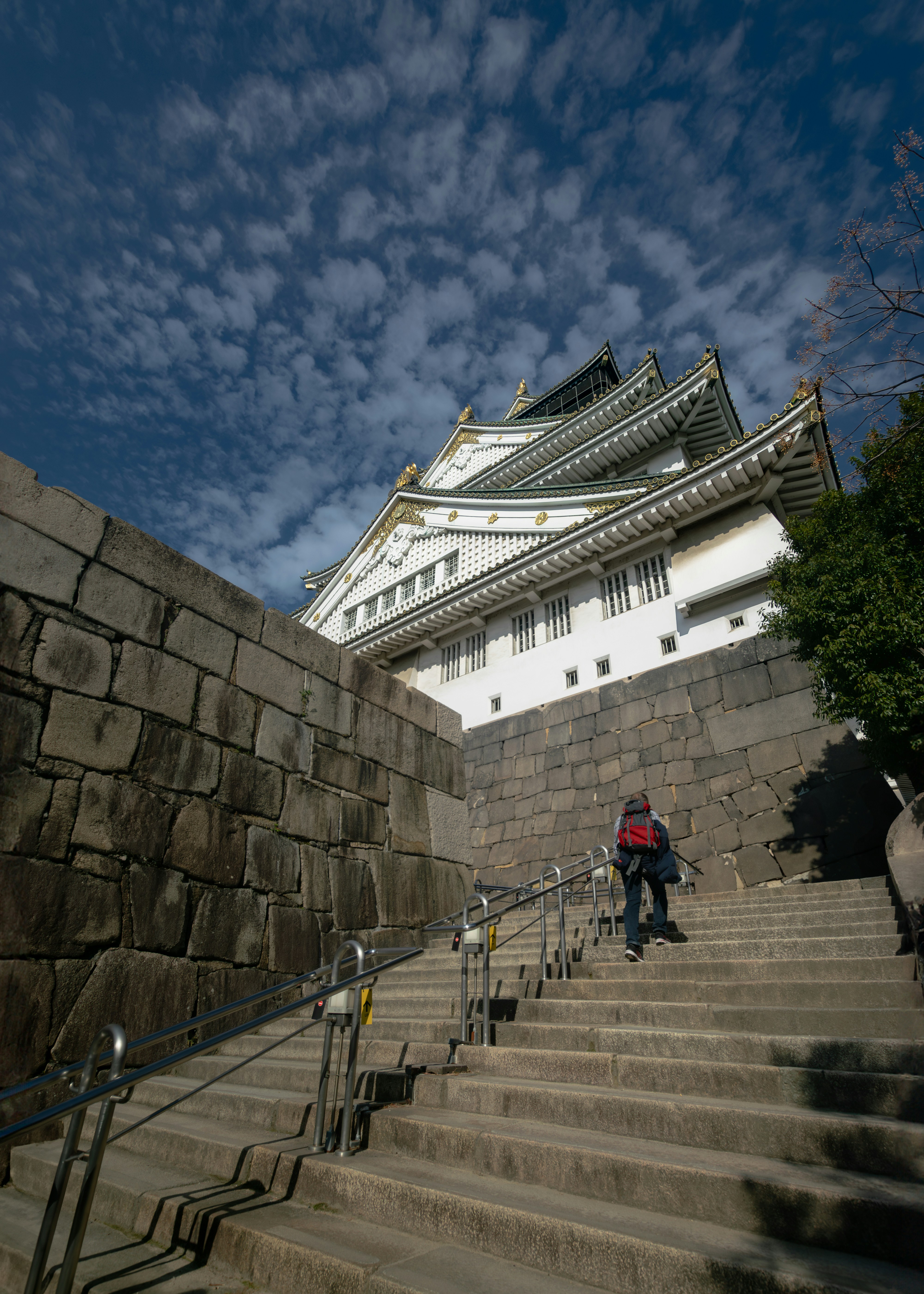 Red-Backpacked Hiker Climbing Toward a White Castle Under a Clouded Sky