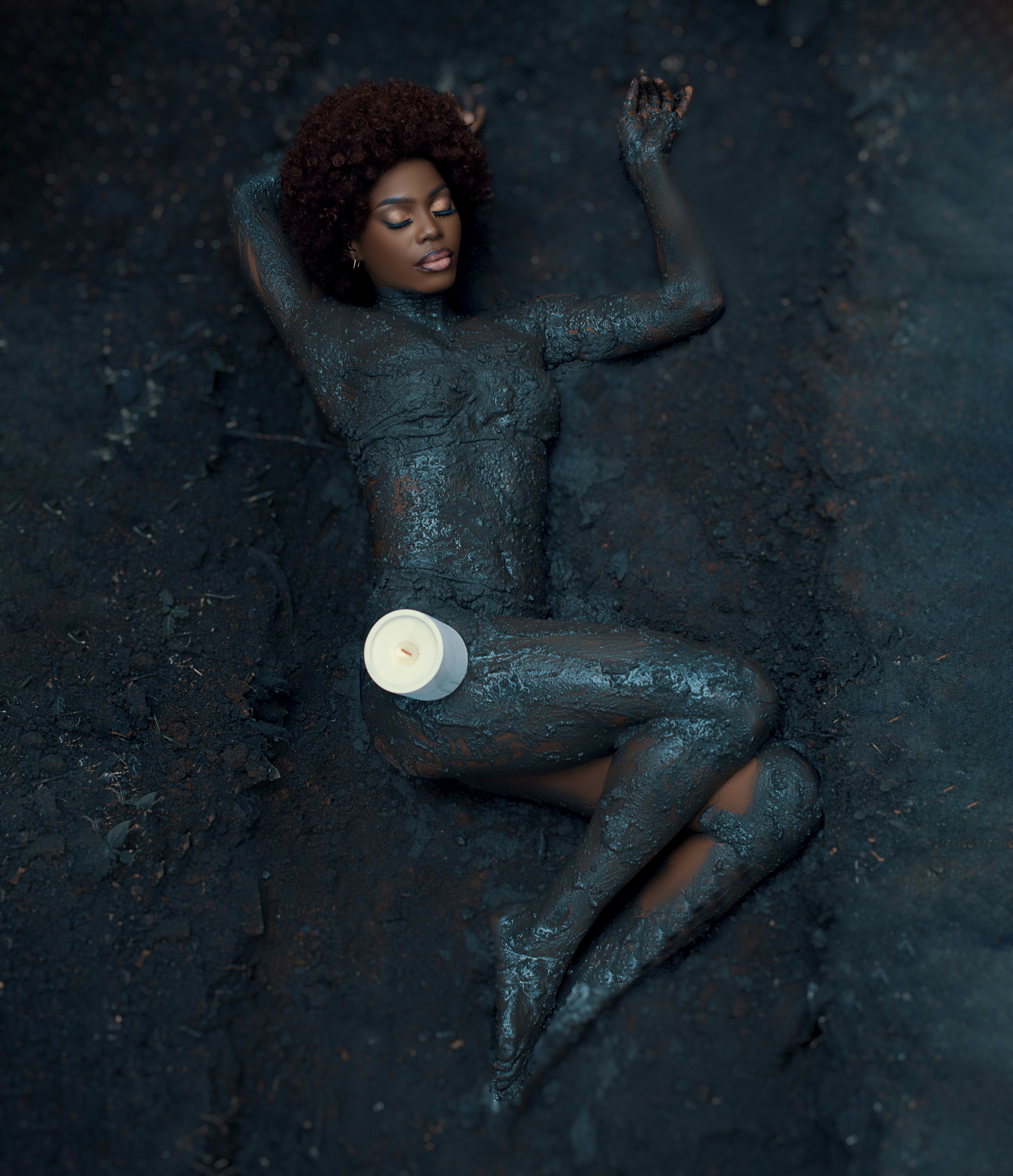 Velvet Ash: Quiet Portrait on Lava-Black Ground with a White Cup