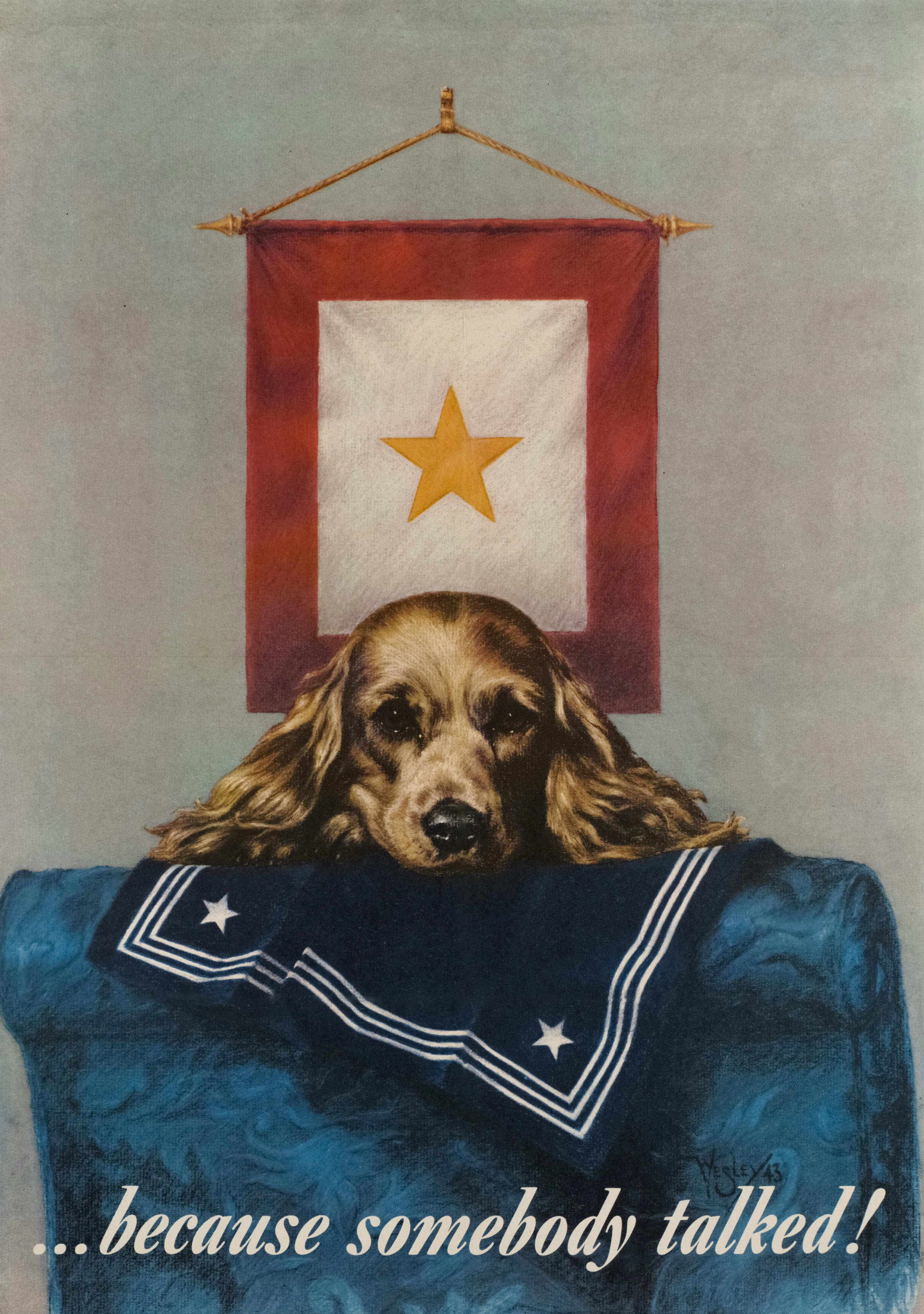 Vintage illustration of a dog peeking over a blue sailor-style blanket beneath a flag with a star.