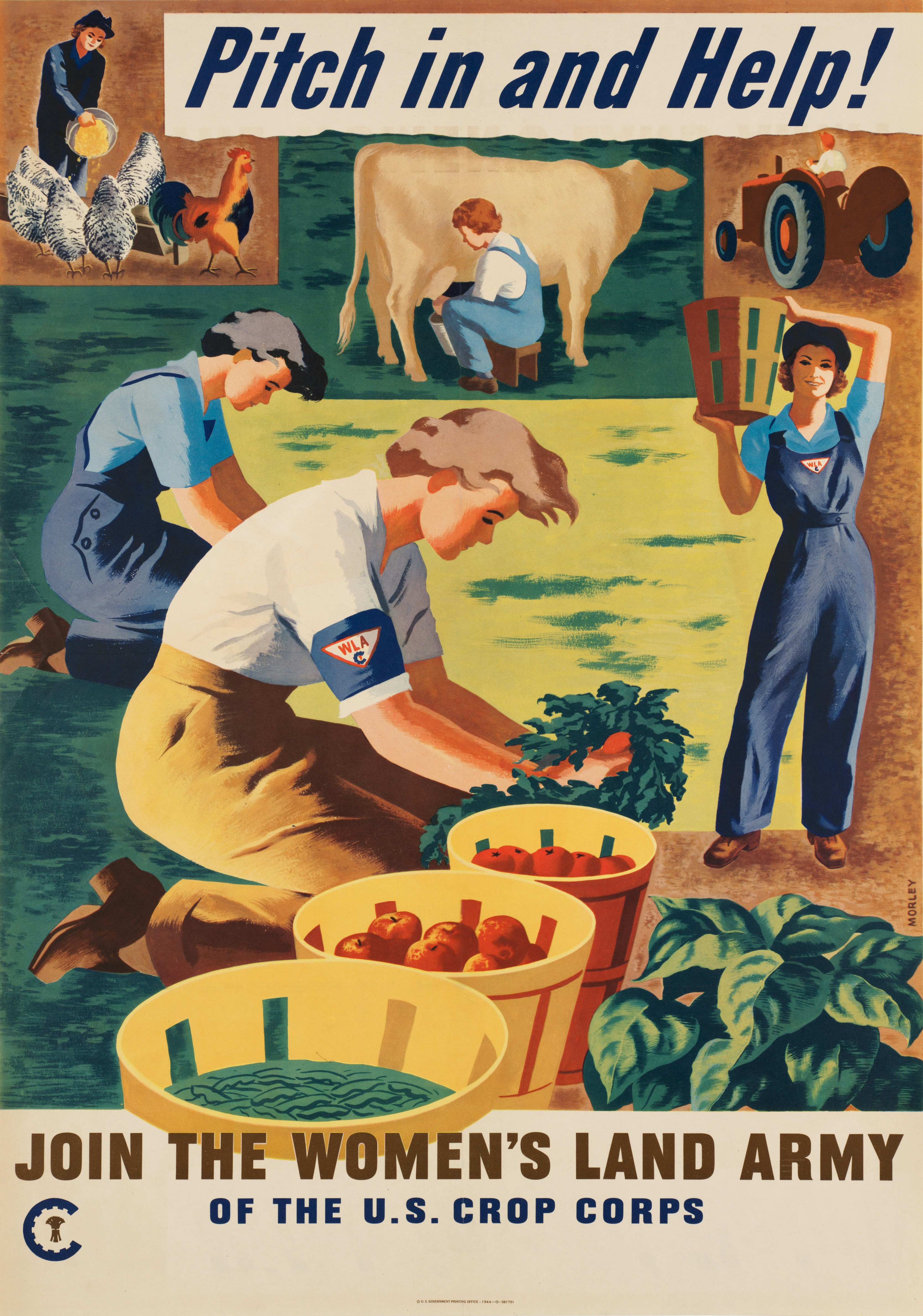 Title: Pitch in and help! Join the Women's Land Army of the U.S. Crop Corps Description: Women doing various farming jobs: driving a tractor, milking a cow, feeding chickens, gardening, etc. Artist: Morley, Hubert Sponsor: Women's Land Army of America Date: 1944 https://www.digitalcommonwealth.org/search/commonwealth:ft848t412