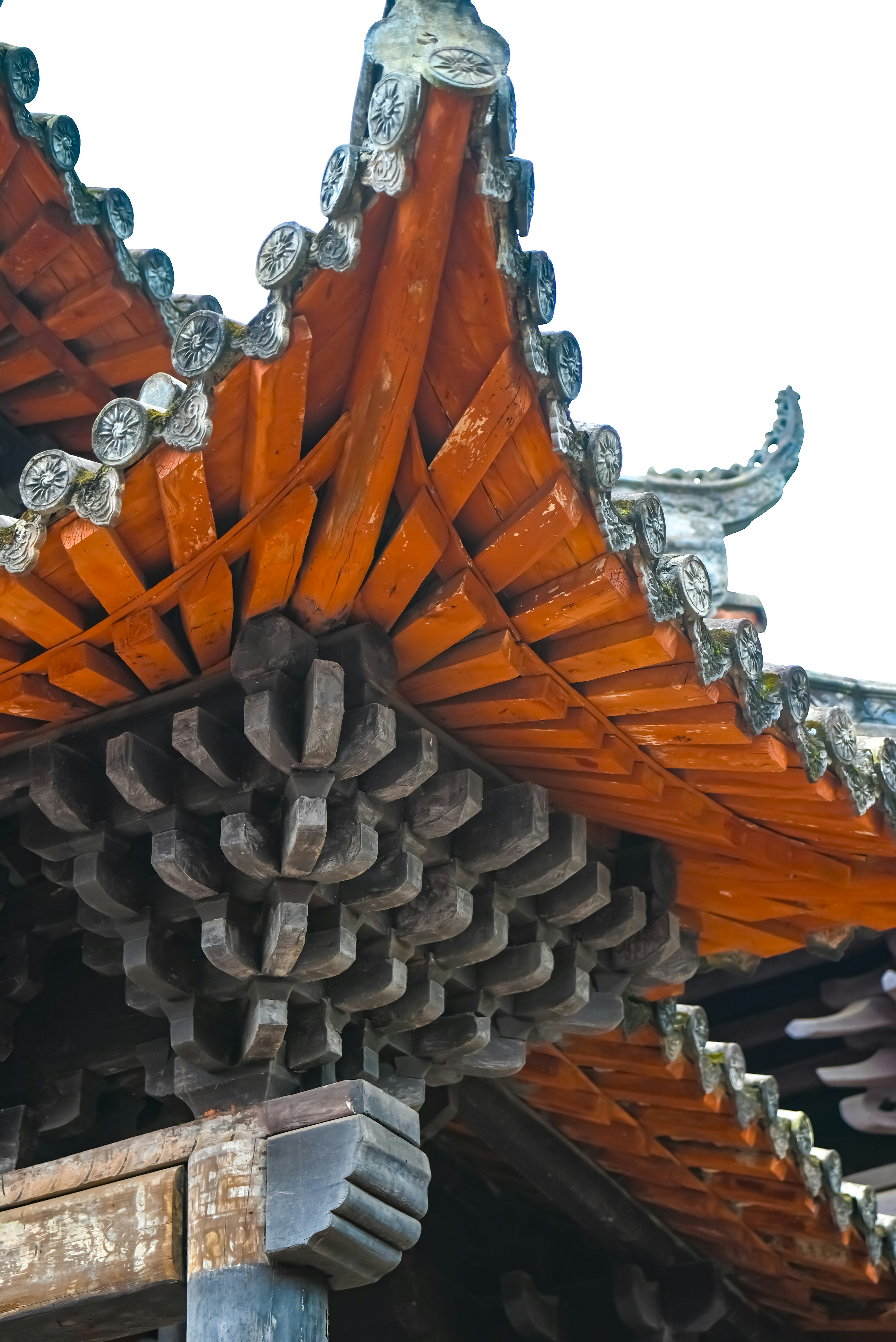 Amber Timber Crown: Interlocking Beams Beneath Curved Temple Eaves