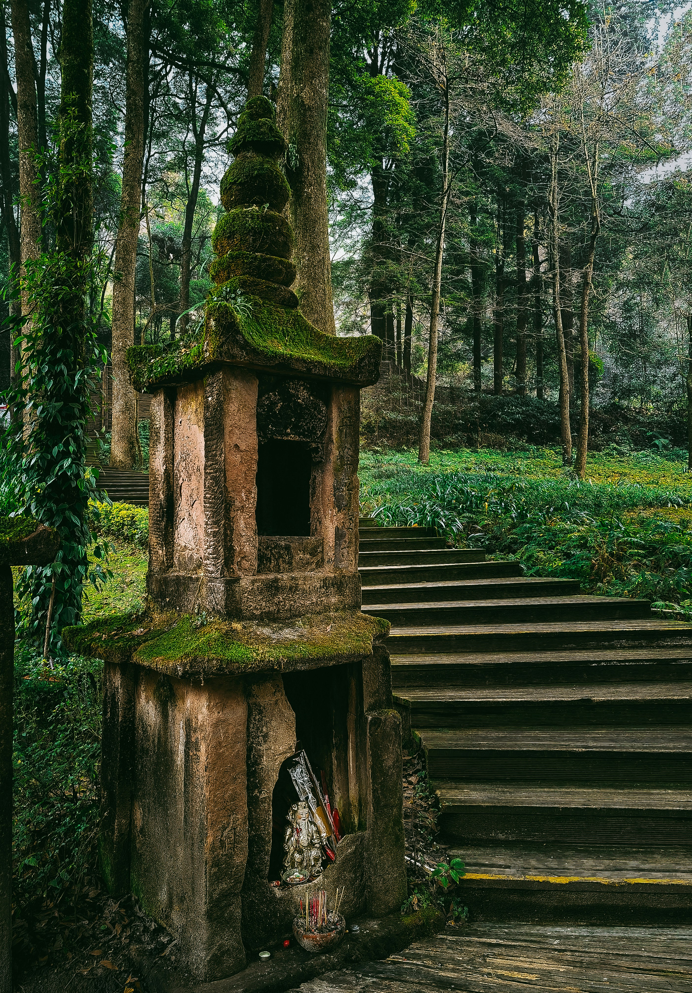 Moss-covered stone shrine sits beside weathered steps in a dense forest, evoking tranquility.