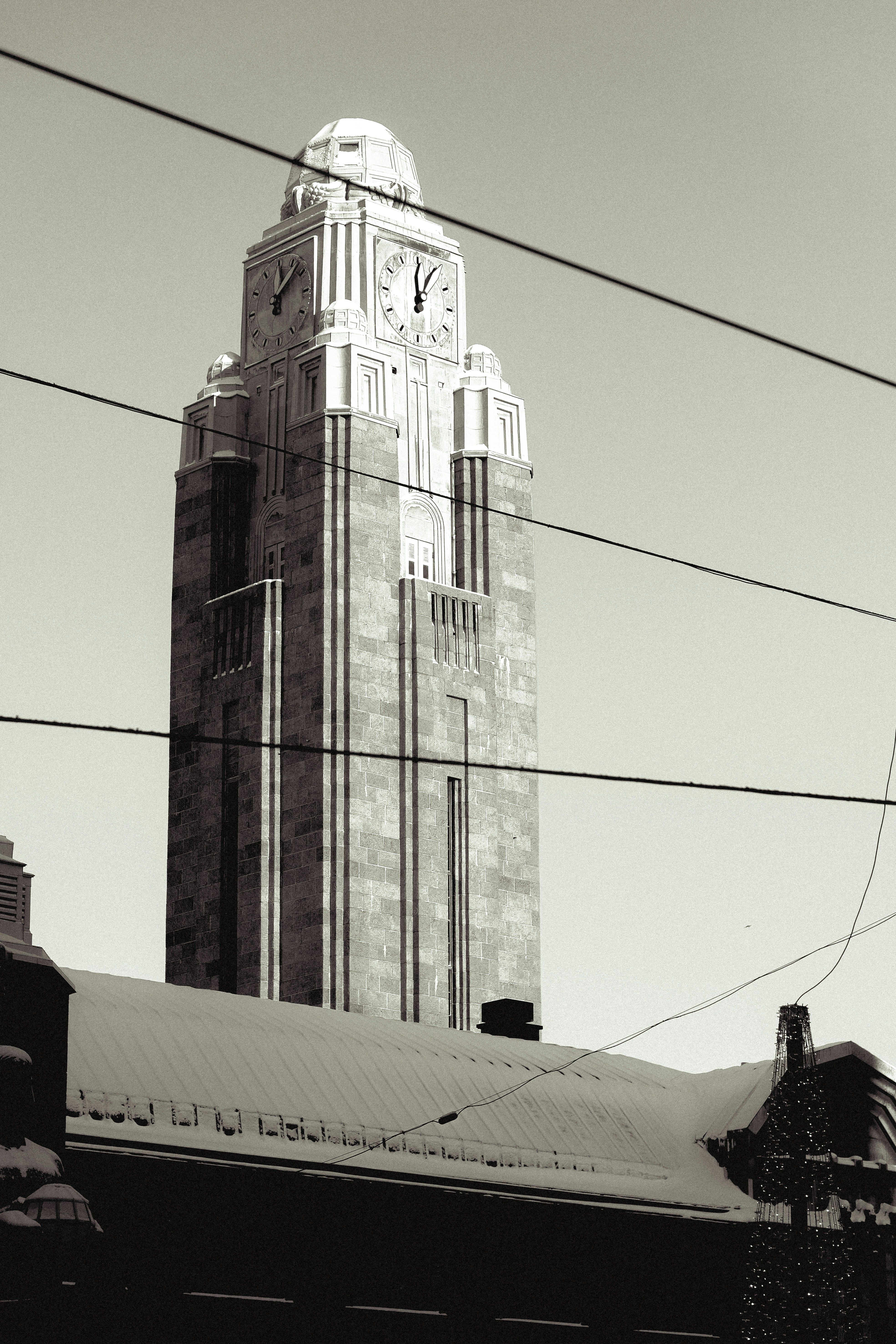 Sepia Clock Tower: Geometry of Stone and Wire