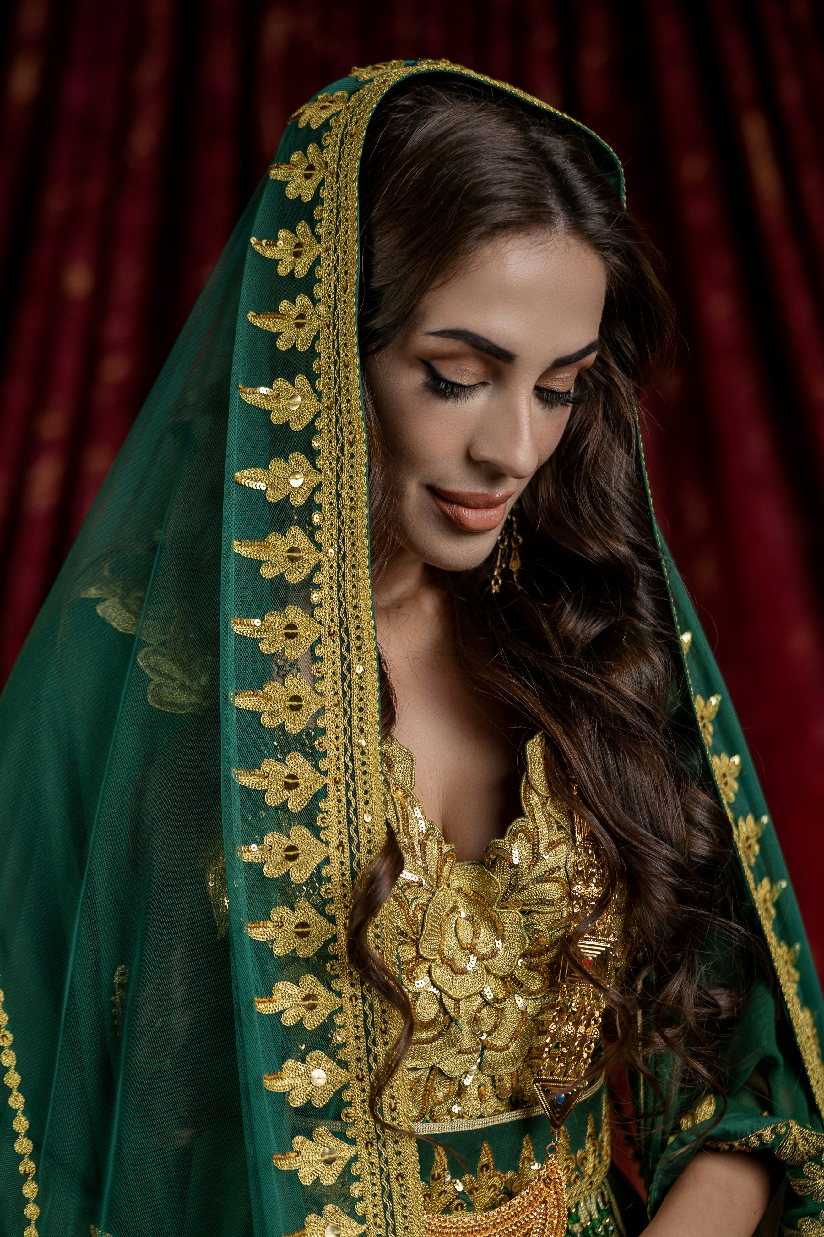 Emerald Veil, Golden Embroidery: A Portrait of Quiet Regal Grace