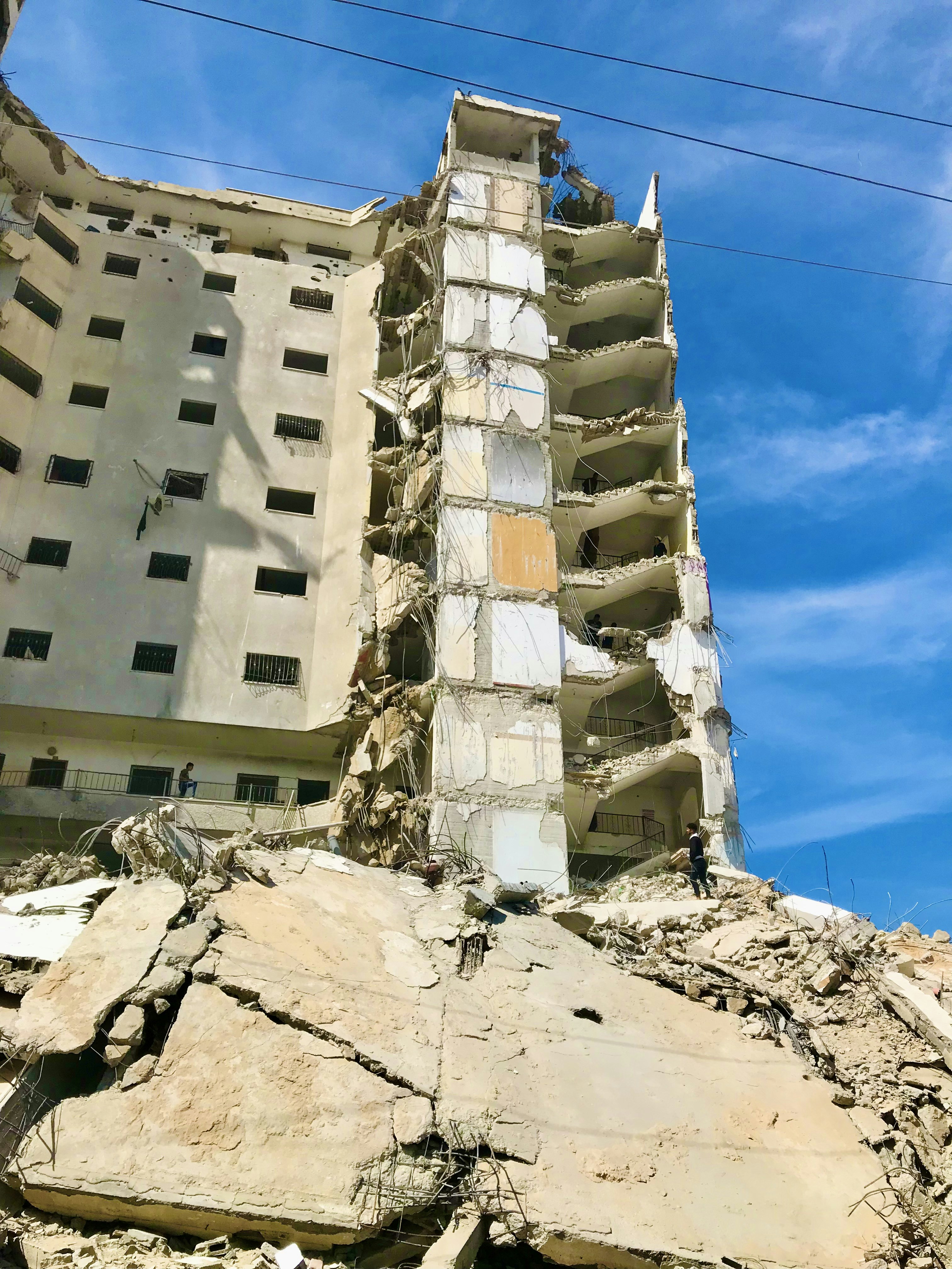 Scenes of the destruction suffered by the Al-Masry Tower, which consists of more than 10 floors and contains hundreds of displaced families in the besieged Gaza City - Rafah after being bombed by the State of Israel in its war since October 7, 2023, which lasted more than 155 days of genocide and continues until now.