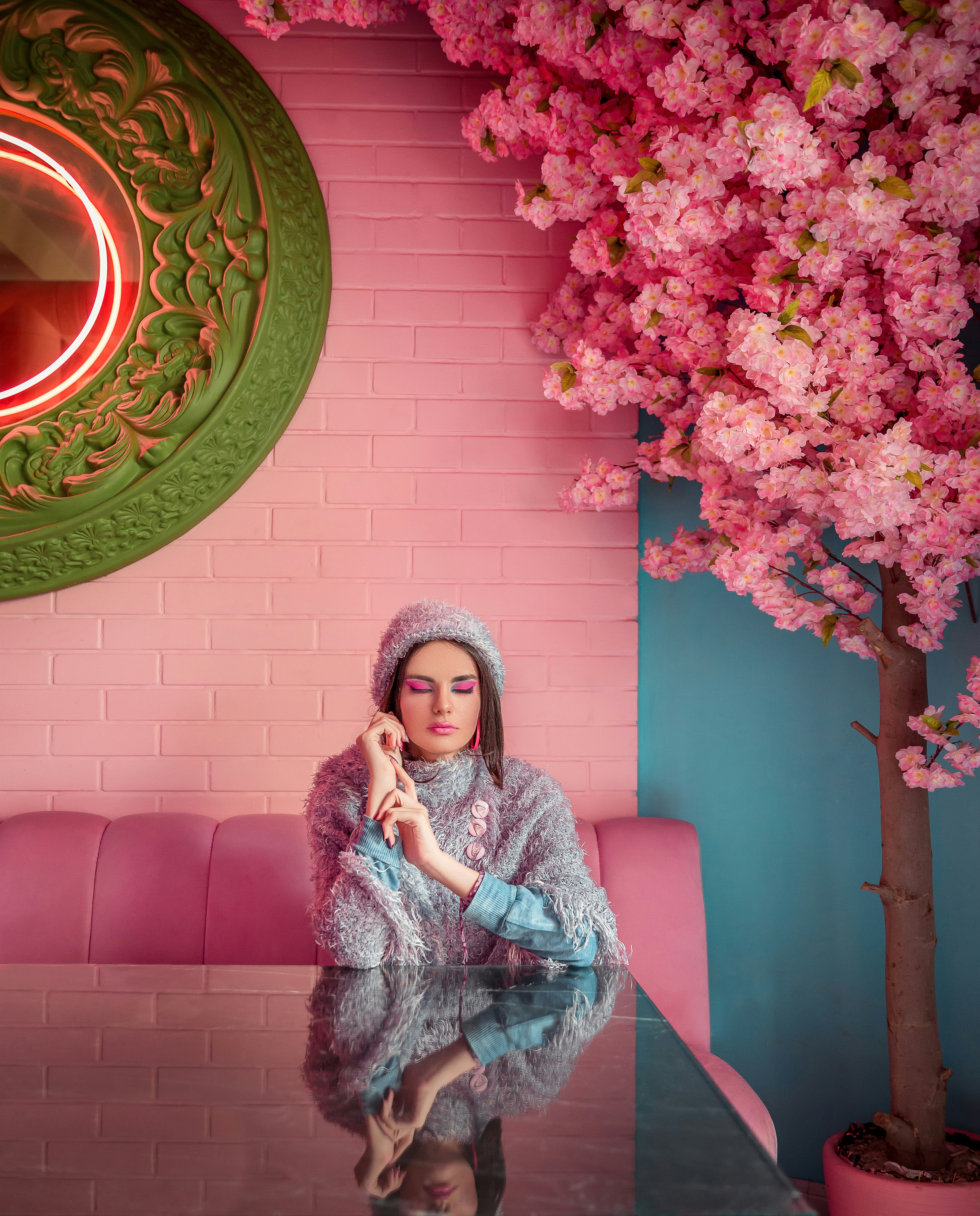 Pink Velvet Refuge: A Contemplative Moment in a Neon-Soft Lounge