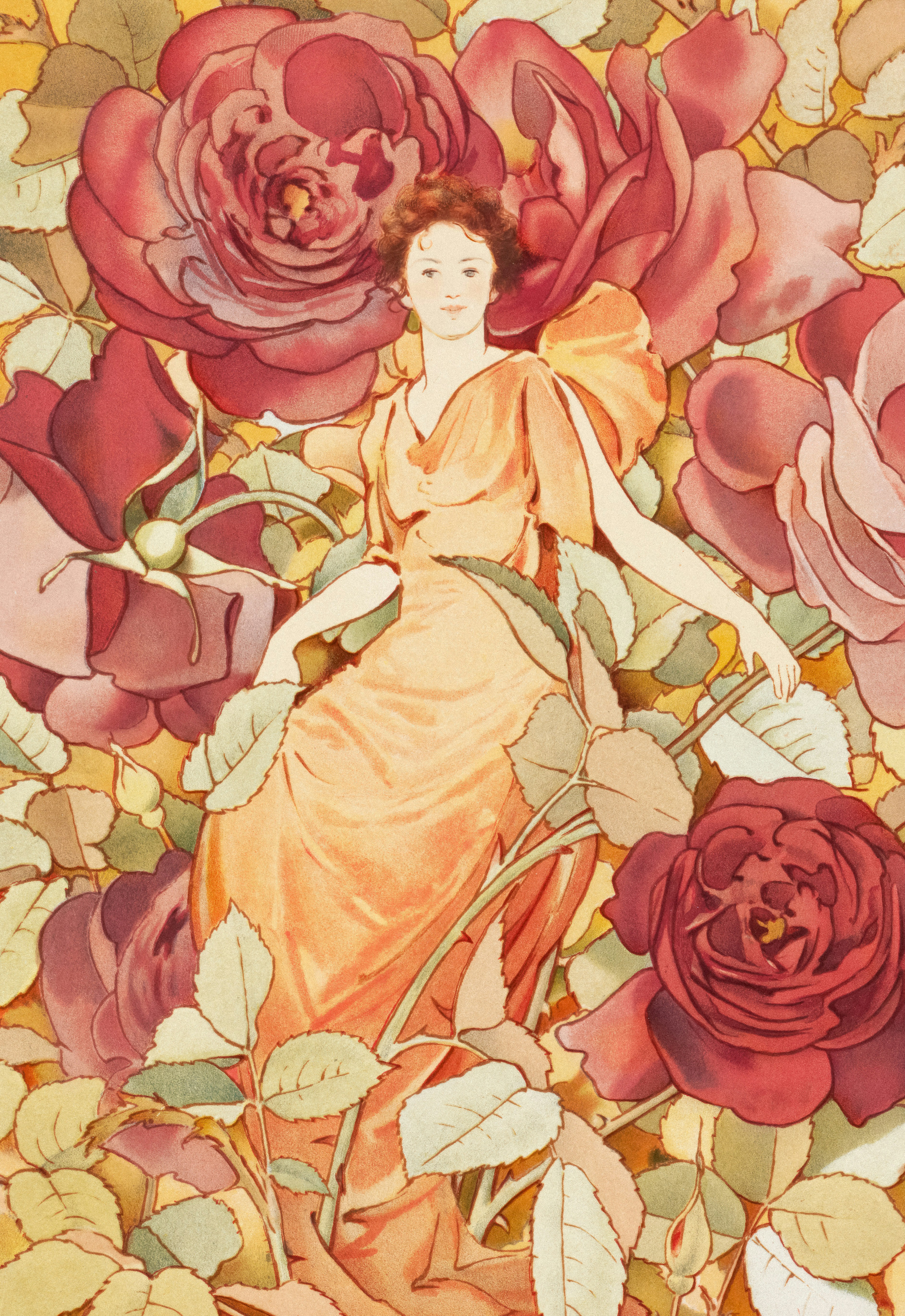 A painting of a woman in an orange dress reclining among oversized roses.