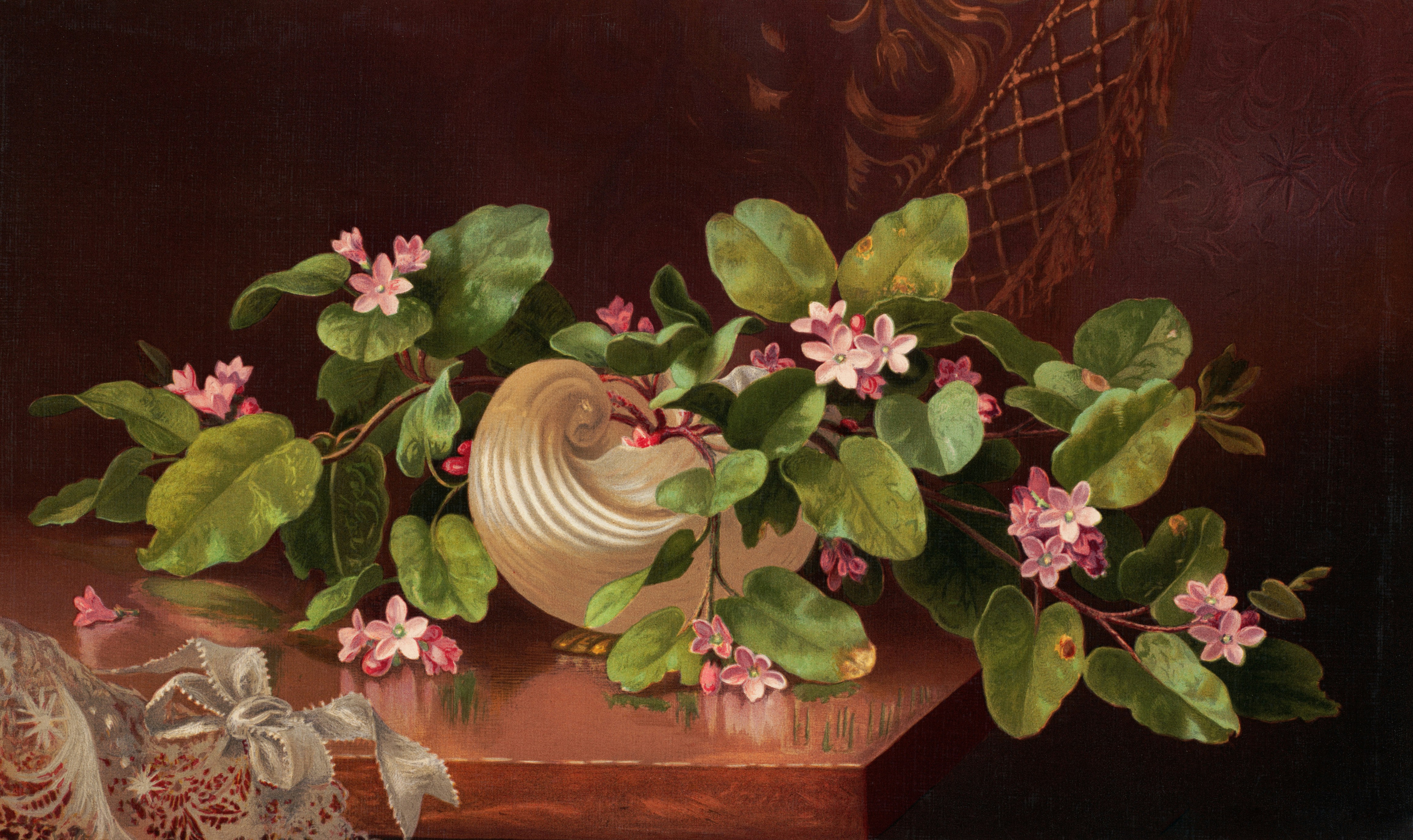 Oil-on-canvas painting of pink blossoms with green leaves arranged around a central seashell on a wooden table.