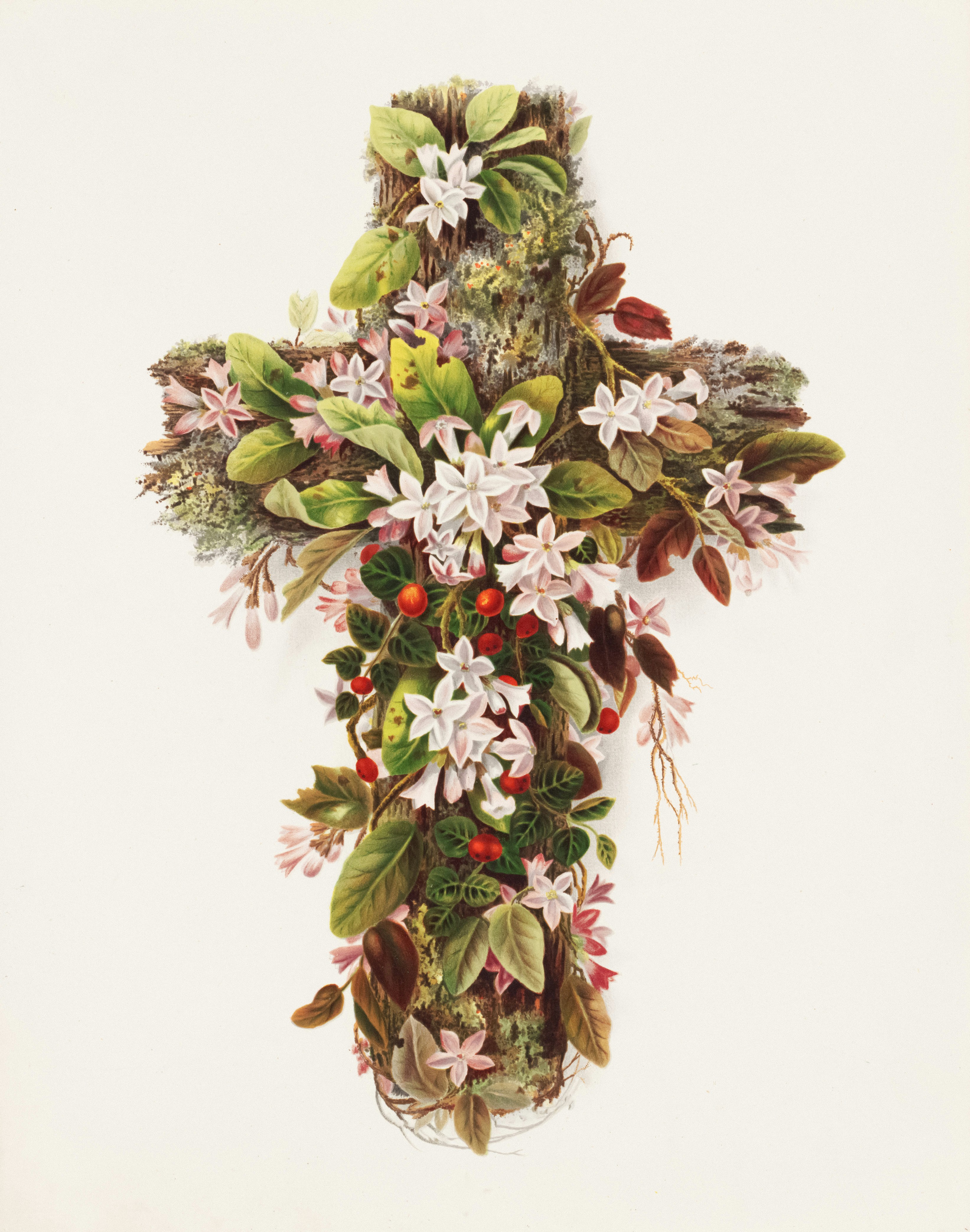 A botanical cross arrangement of white blossoms and green leaves against a pale background. The piece emphasizes natural textures and color harmony, presented as a decorative plant motif.