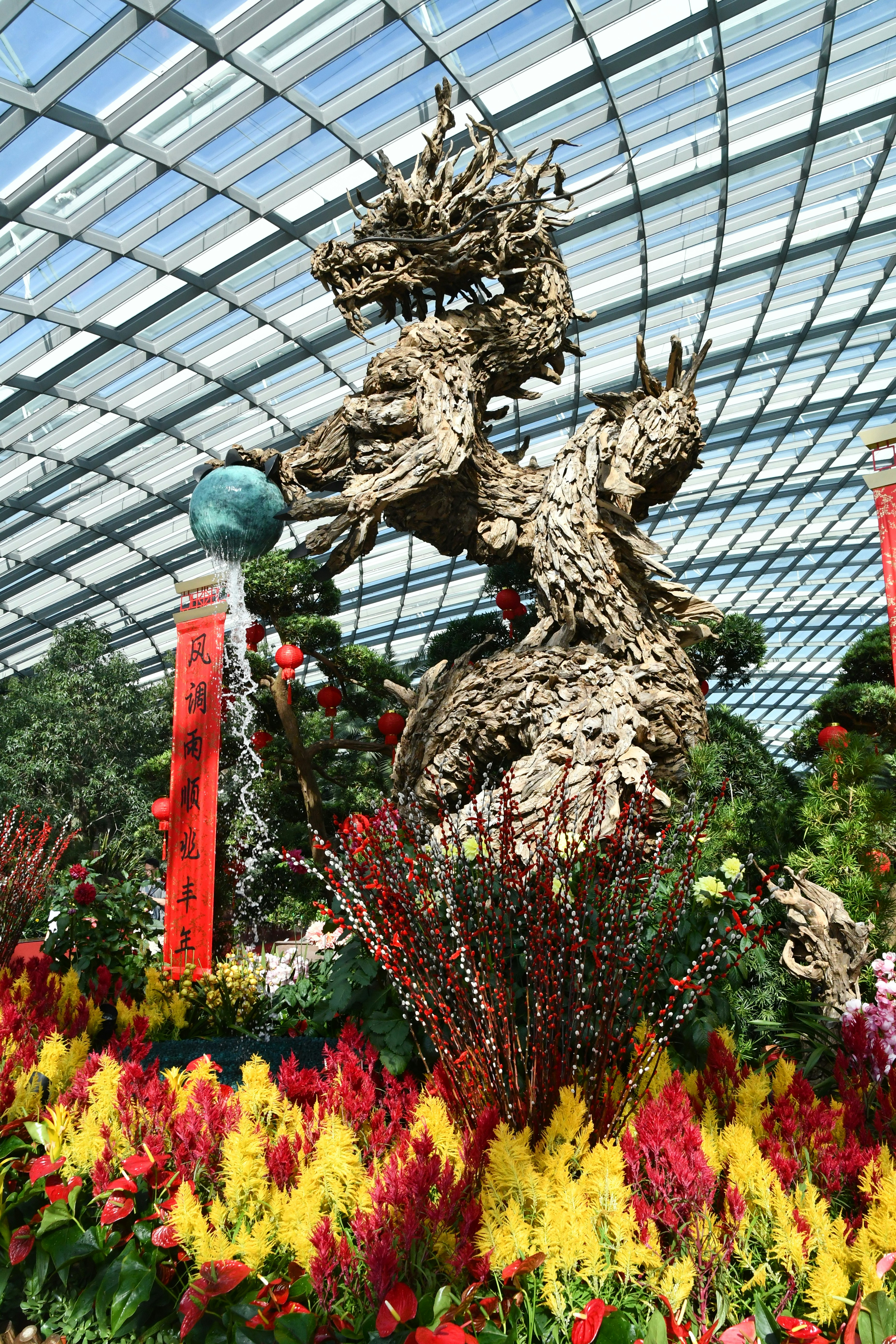 Dragon of the Conservatory: A Weathered Trunk Surrounded by Festival Florals