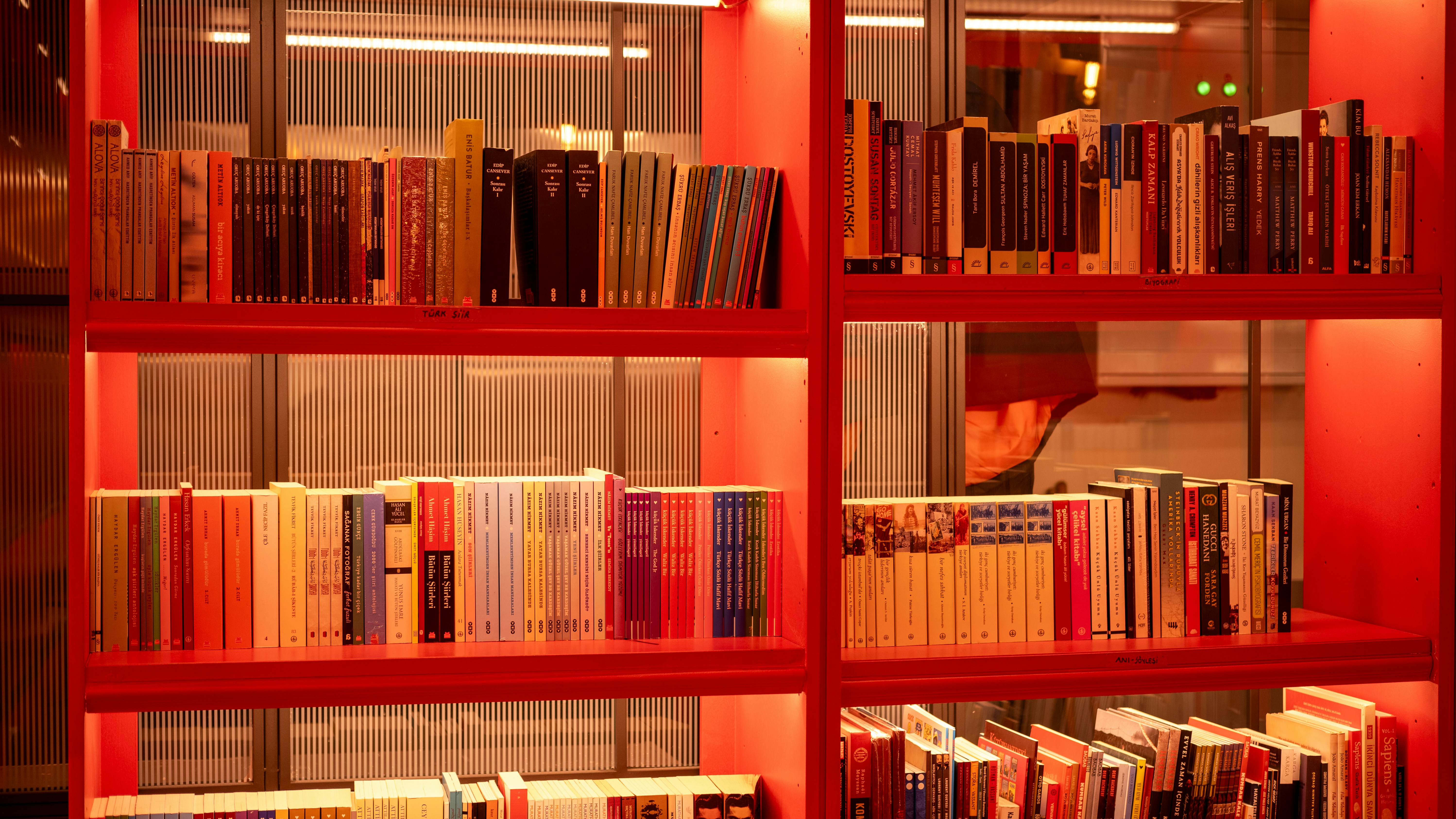 A red book shelf filled with lots of books photo – Free Human Image on ...