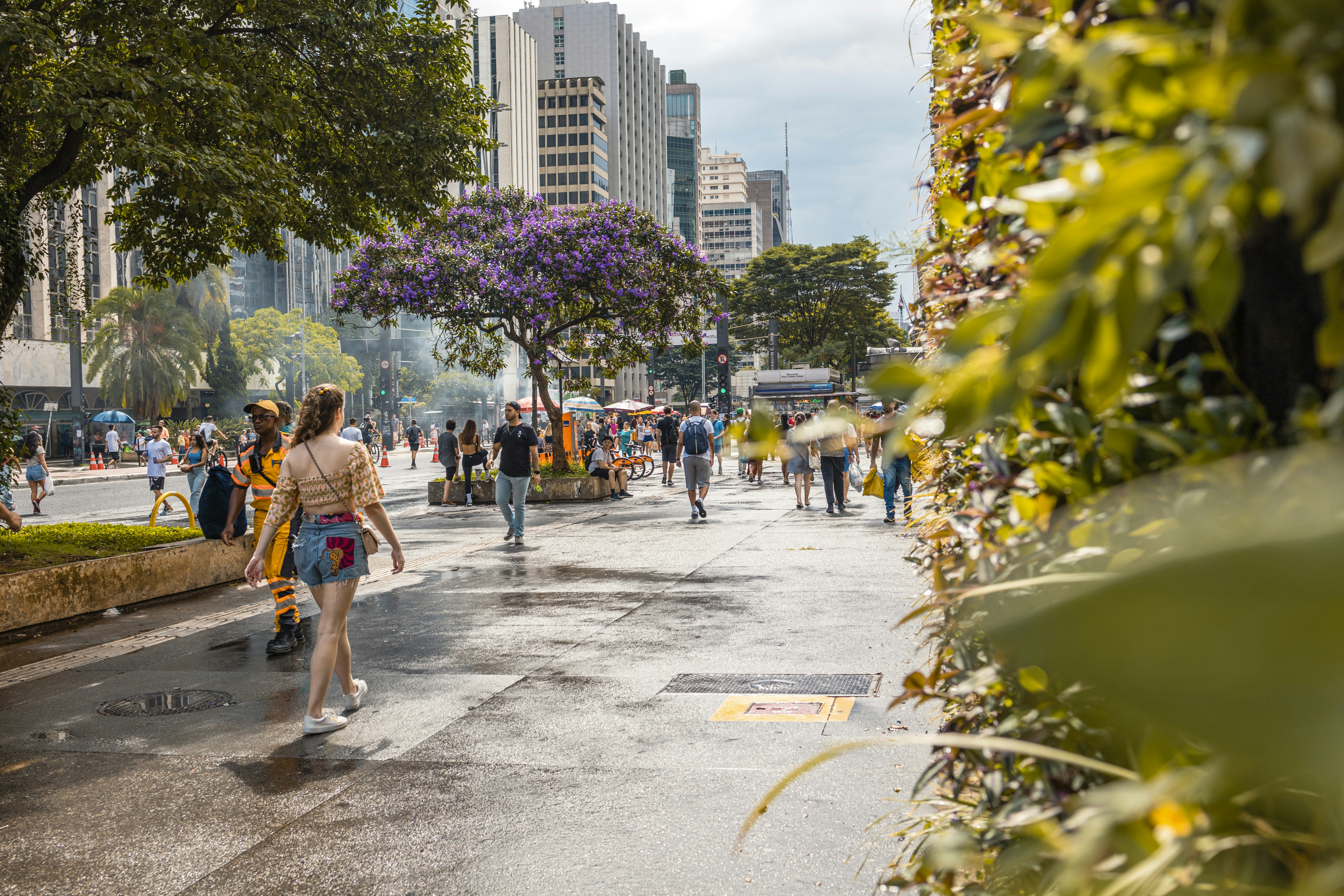 People walking along a city street bordered by lush greenery and skyscrapers.