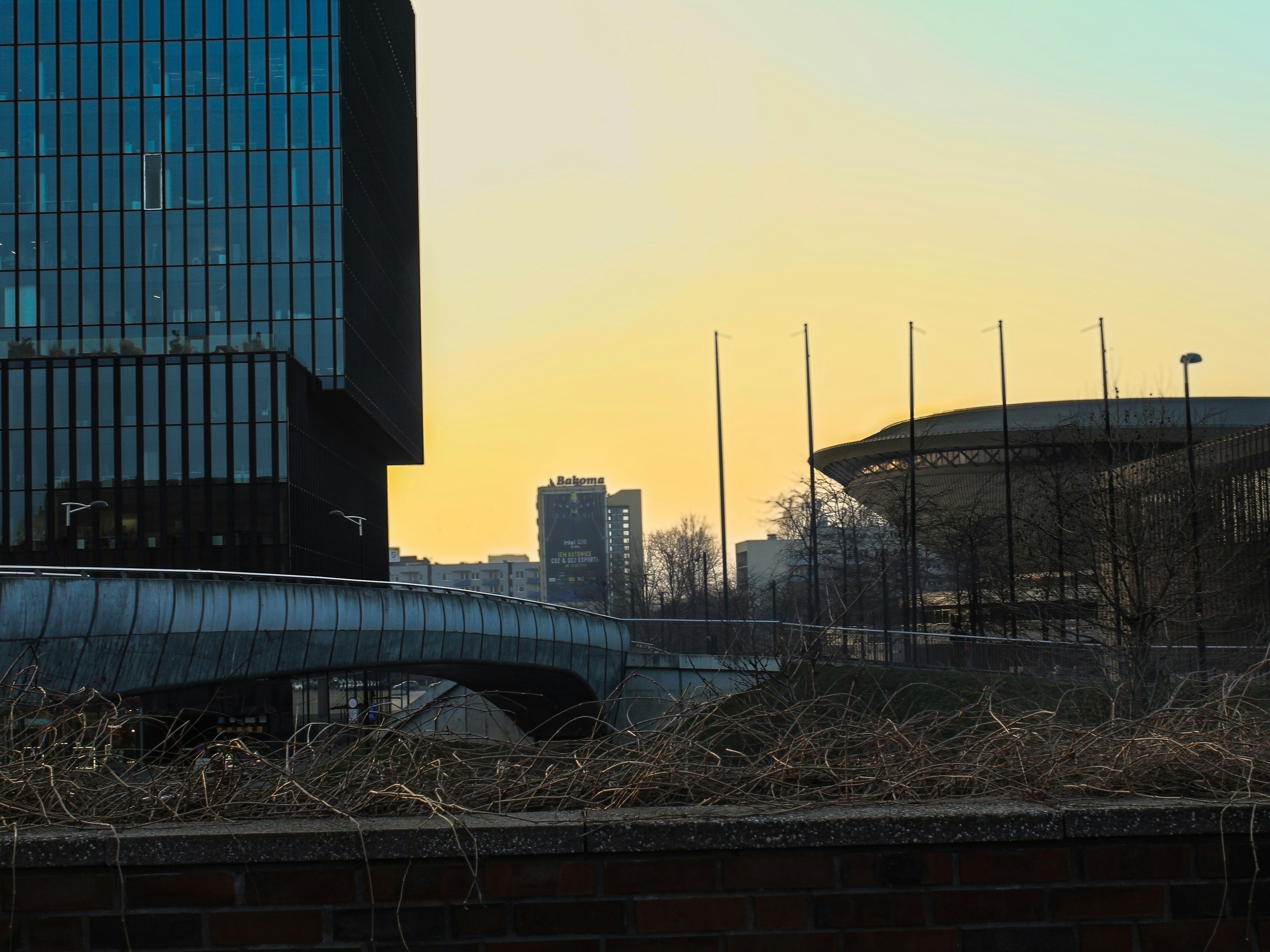 City skyline with tall buildings silhouetted against a golden sunset.