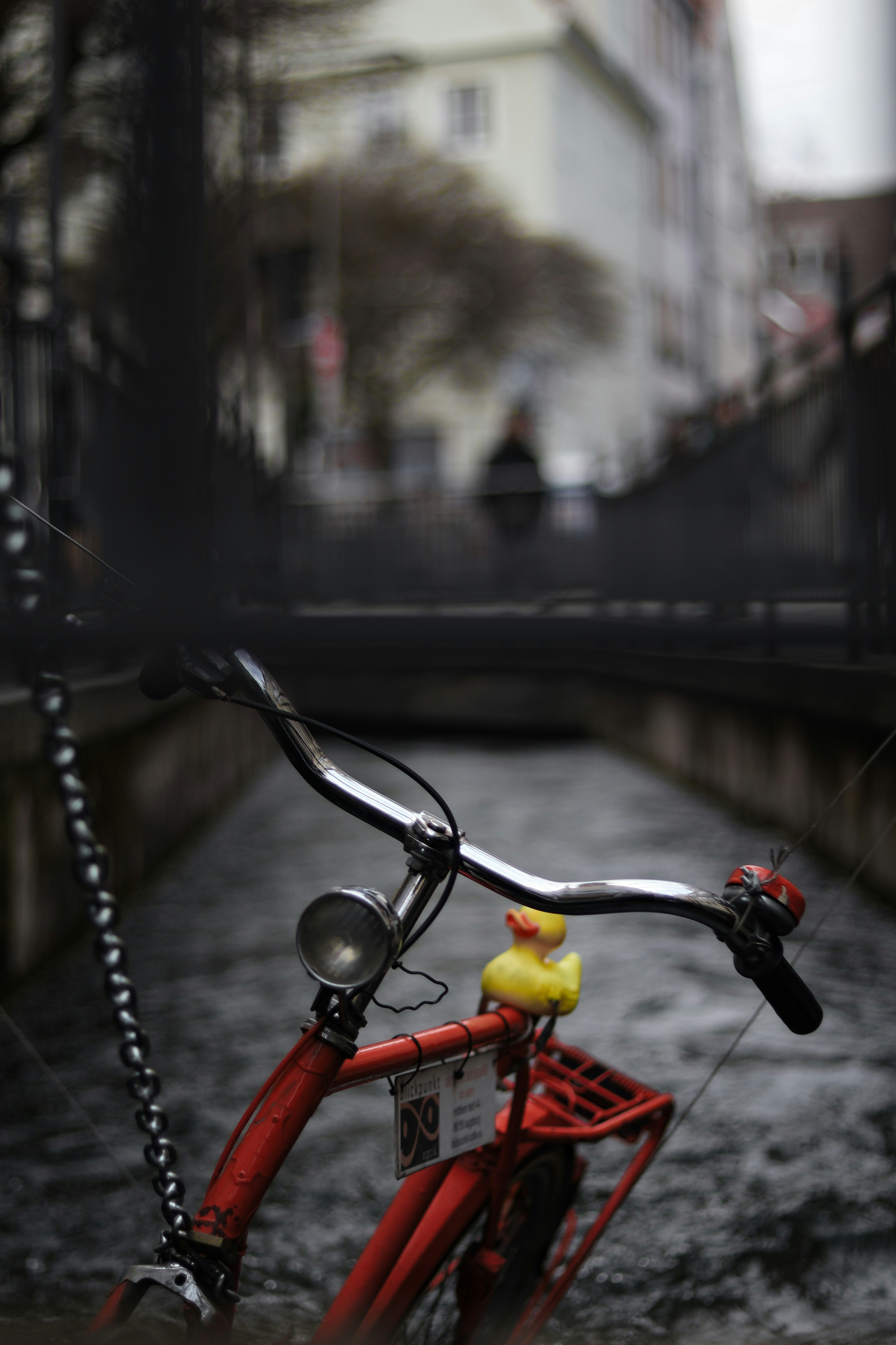 Red City Bicycle by a Quiet Canal, Yellow Rubber Duck on the Handlebar