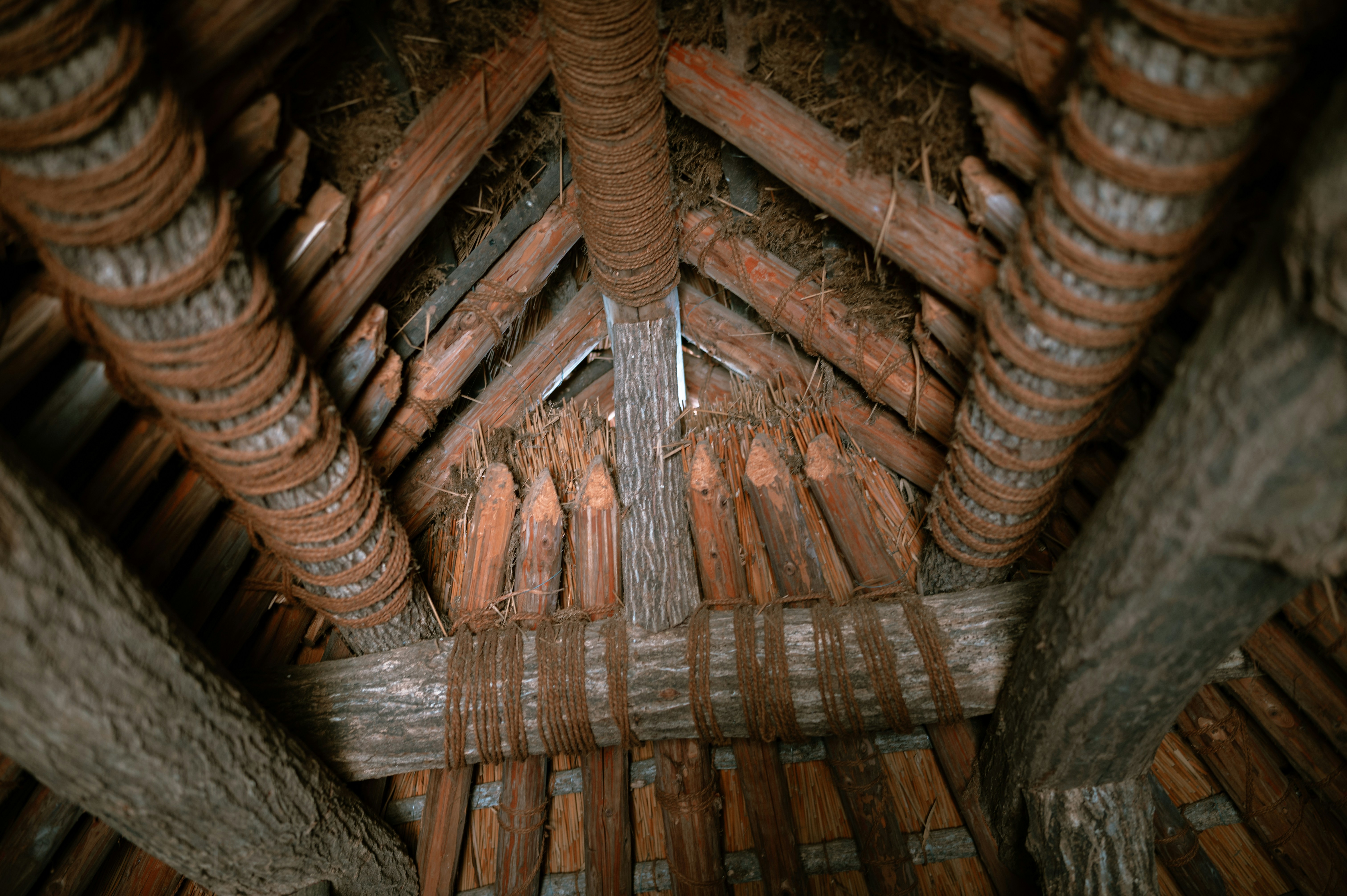 Converging Timber Vault: Hand-Hewn Beams Craft a Geometric Ceiling
