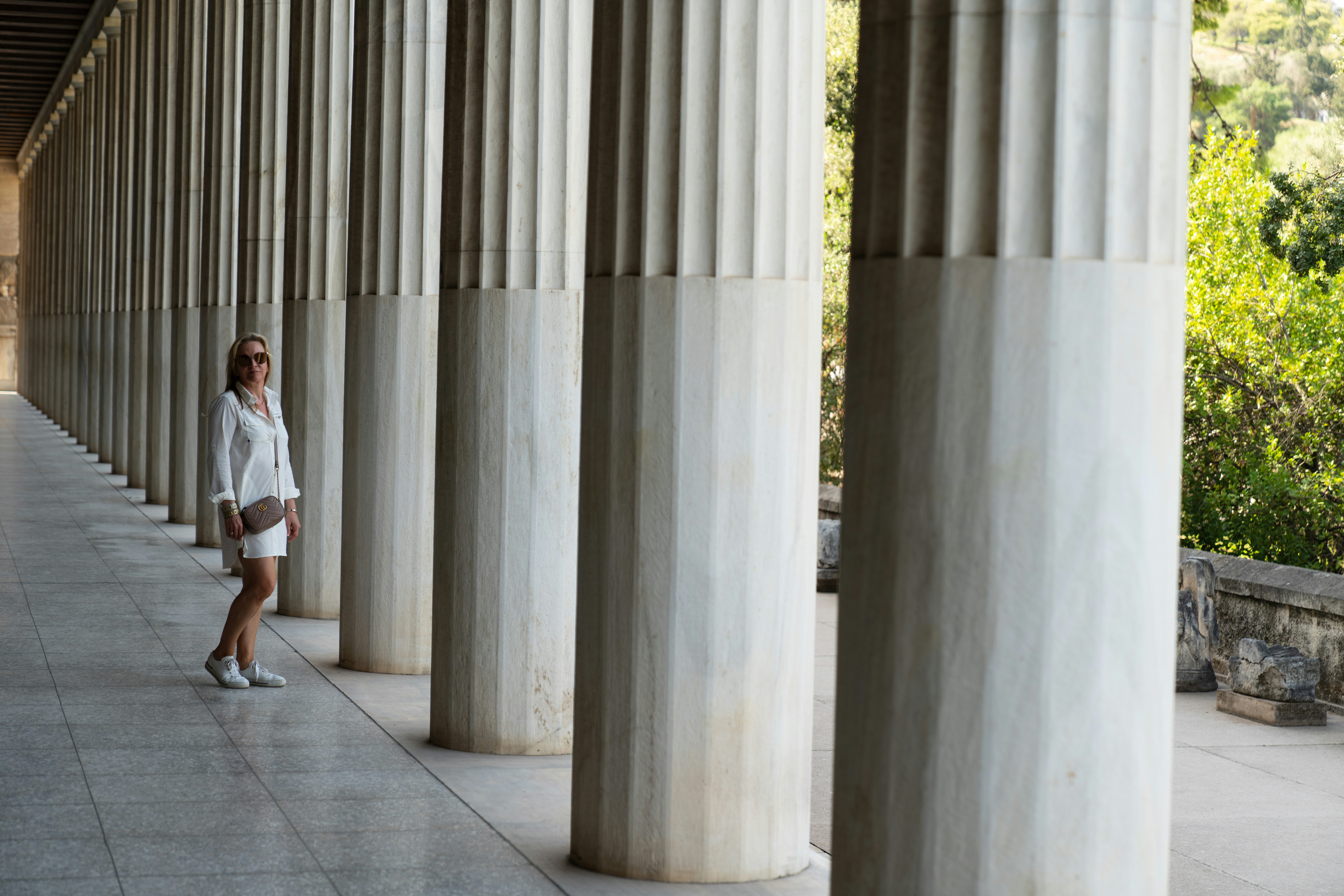 Traveler in a Colonnade: A Quiet Walk Among Giants