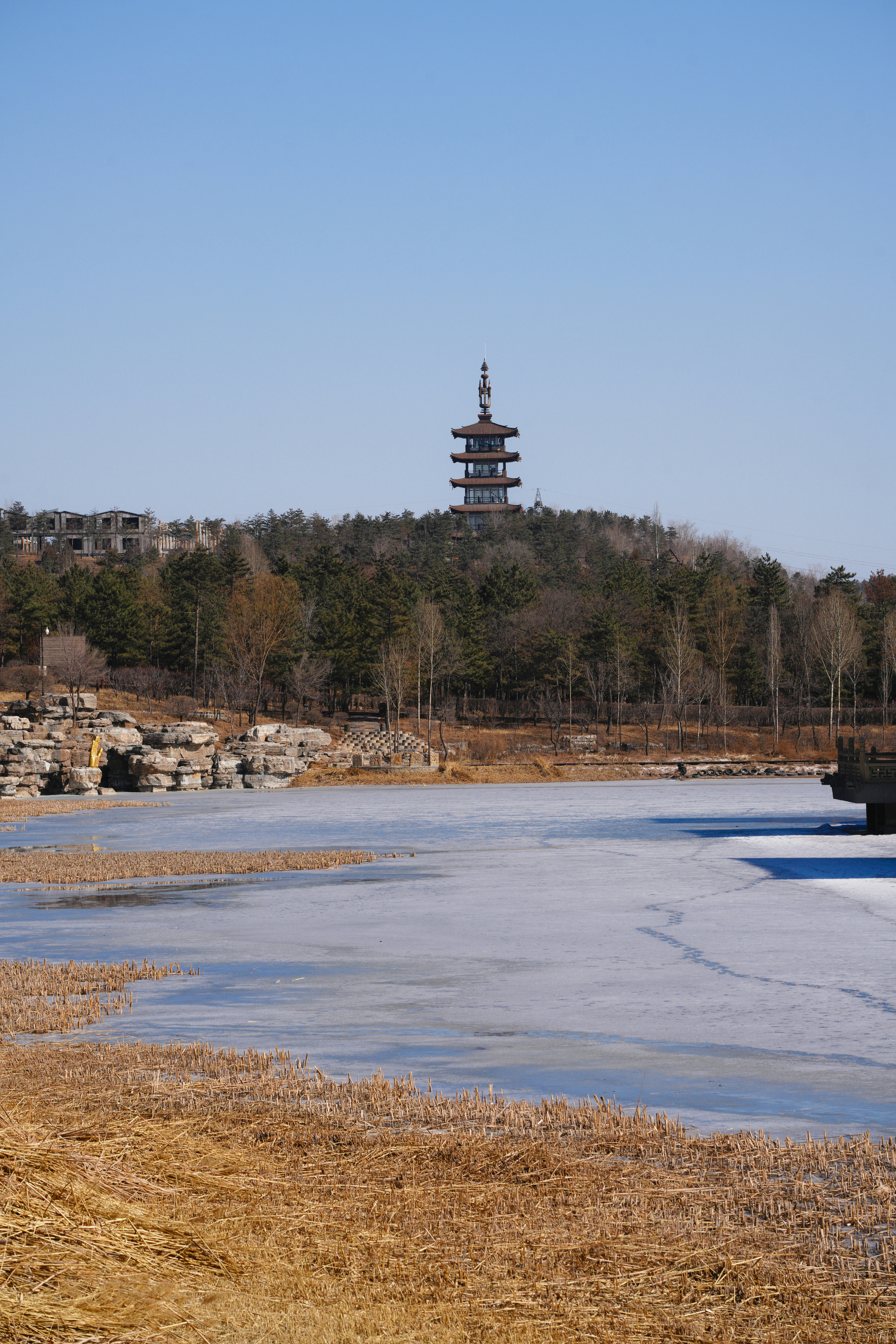Distant Pagoda Above a Quiet Winter Shore
