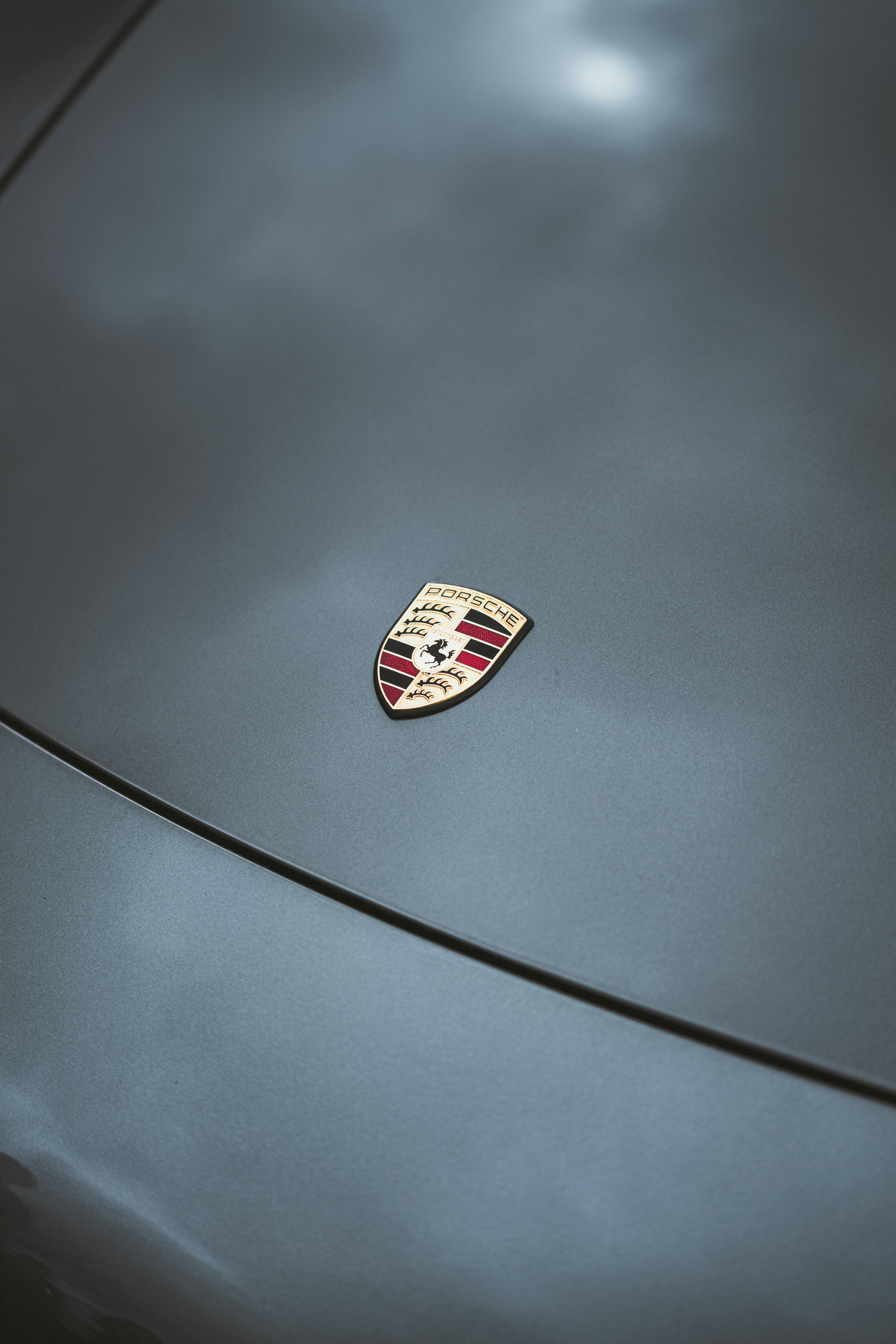 Porsche Crest Resting on a Smooth Blue Hood with Soft Reflections