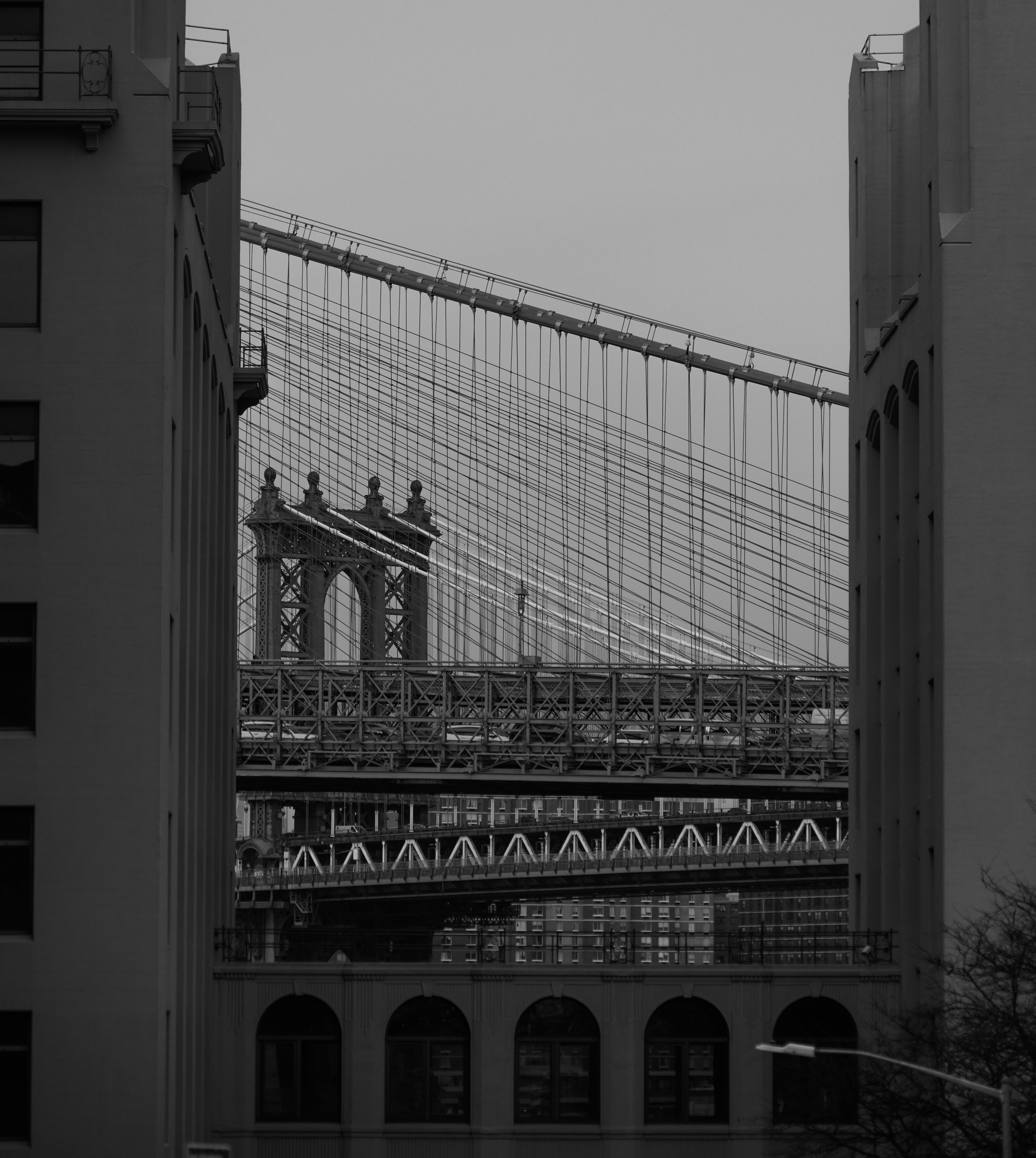 Monochrome Bridge Portrait: Cables Framing Towers Between City Walls