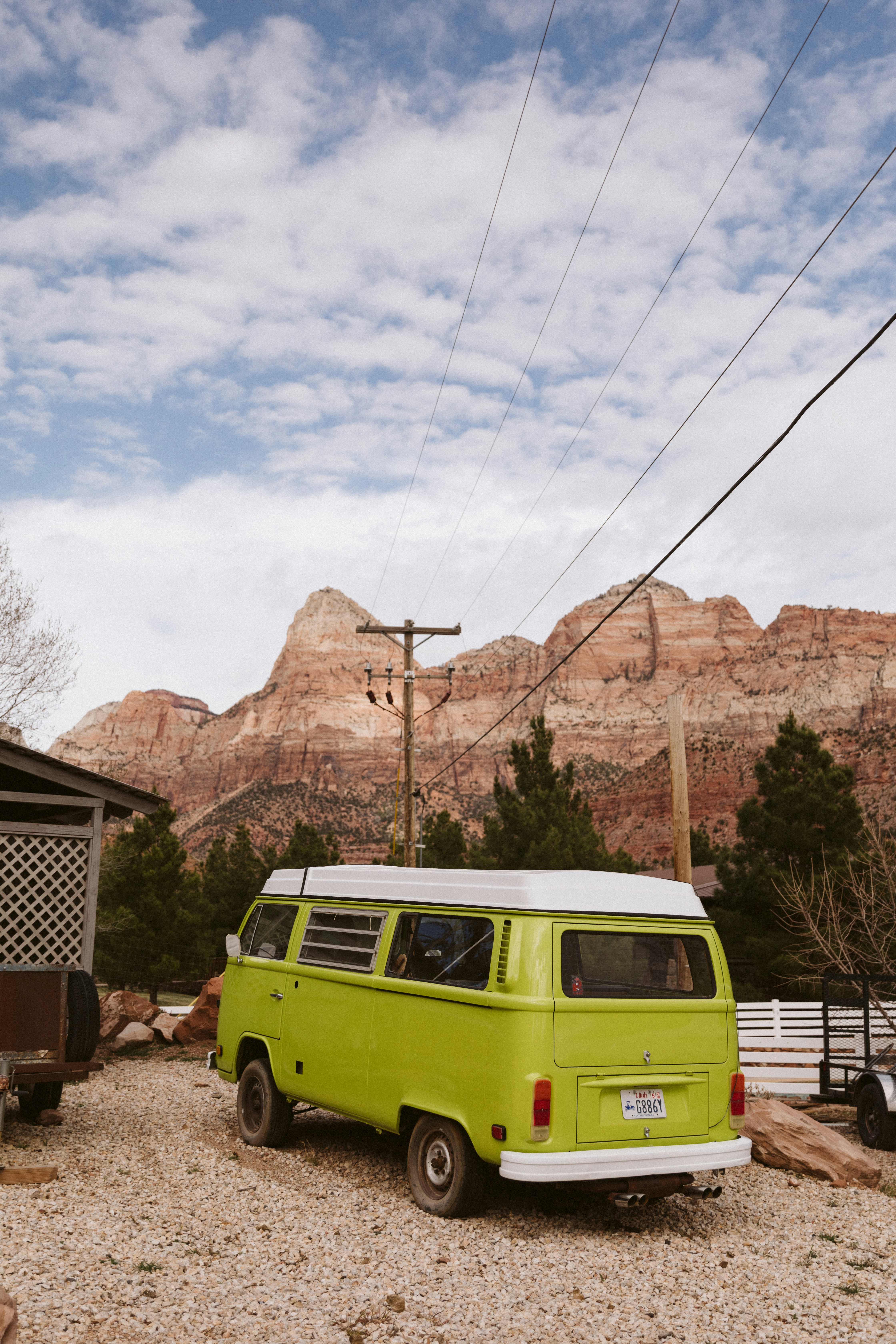 Lime VW Camper at the Foot of Red Rock Ridge