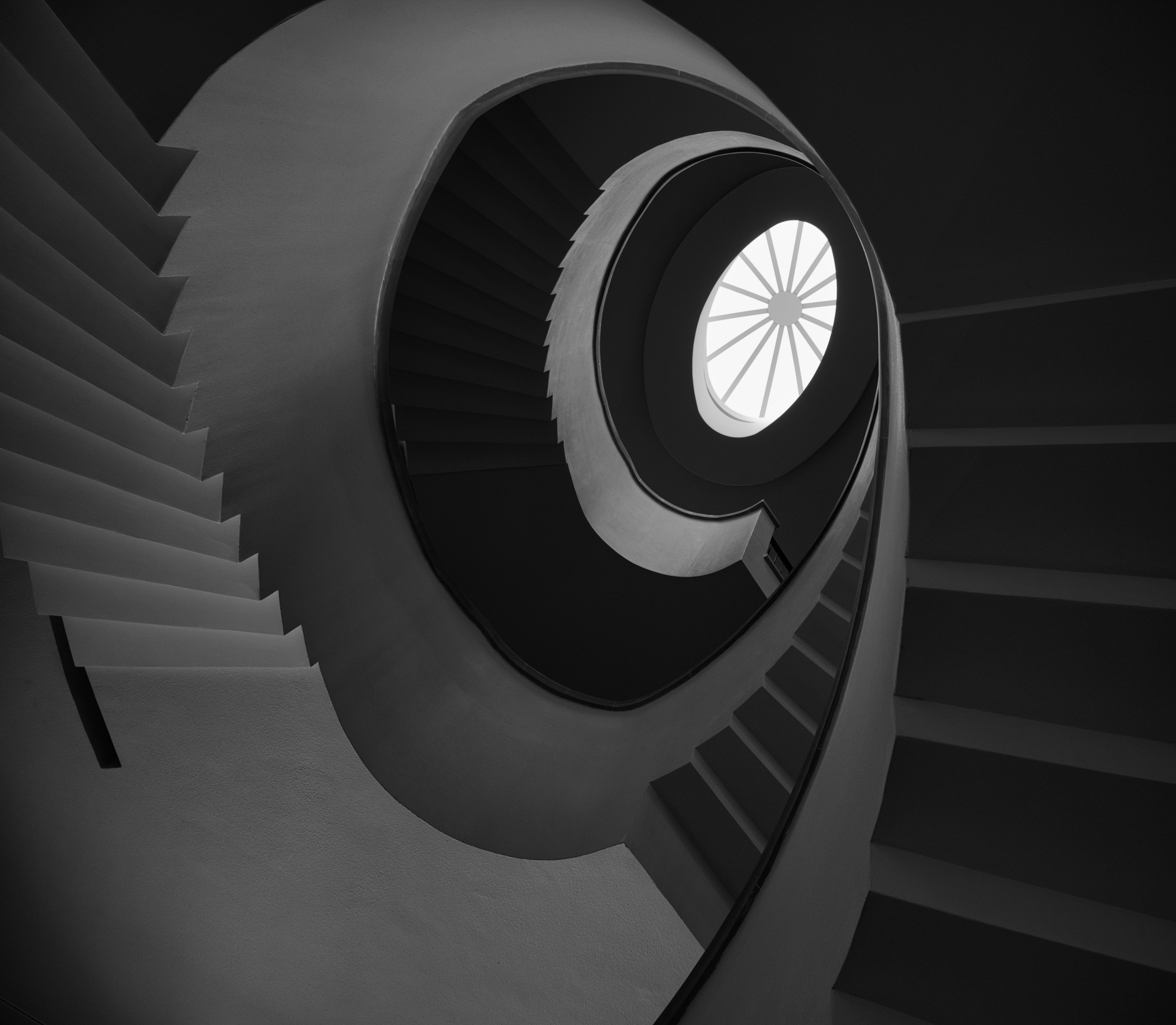 Convergence of Light: A Monochrome Spiral Staircase