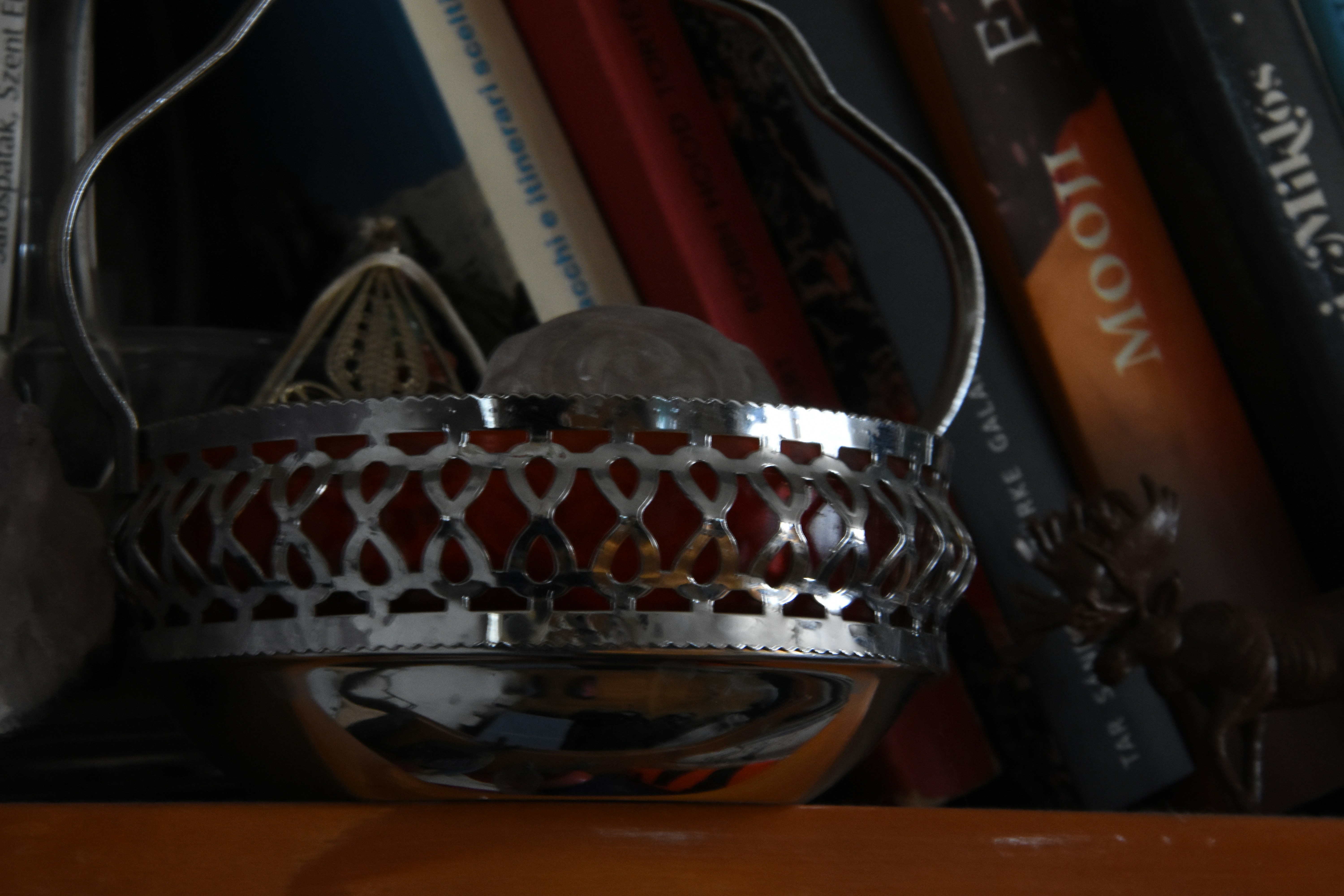 Lattice Lantern on a Quiet Bookshelf