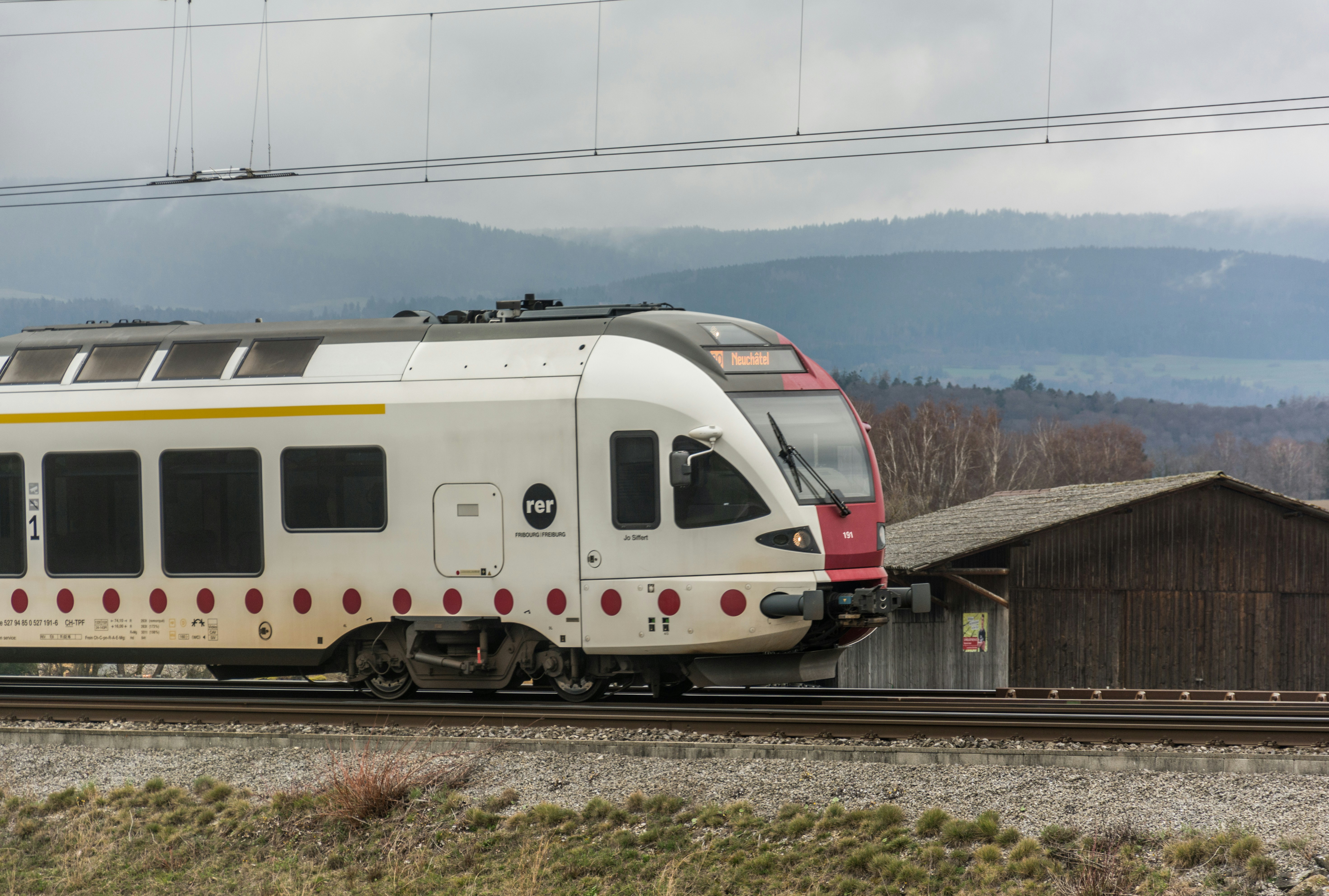 Foto Un tren blanco que viaja por las vías del tren junto a un bosque ...