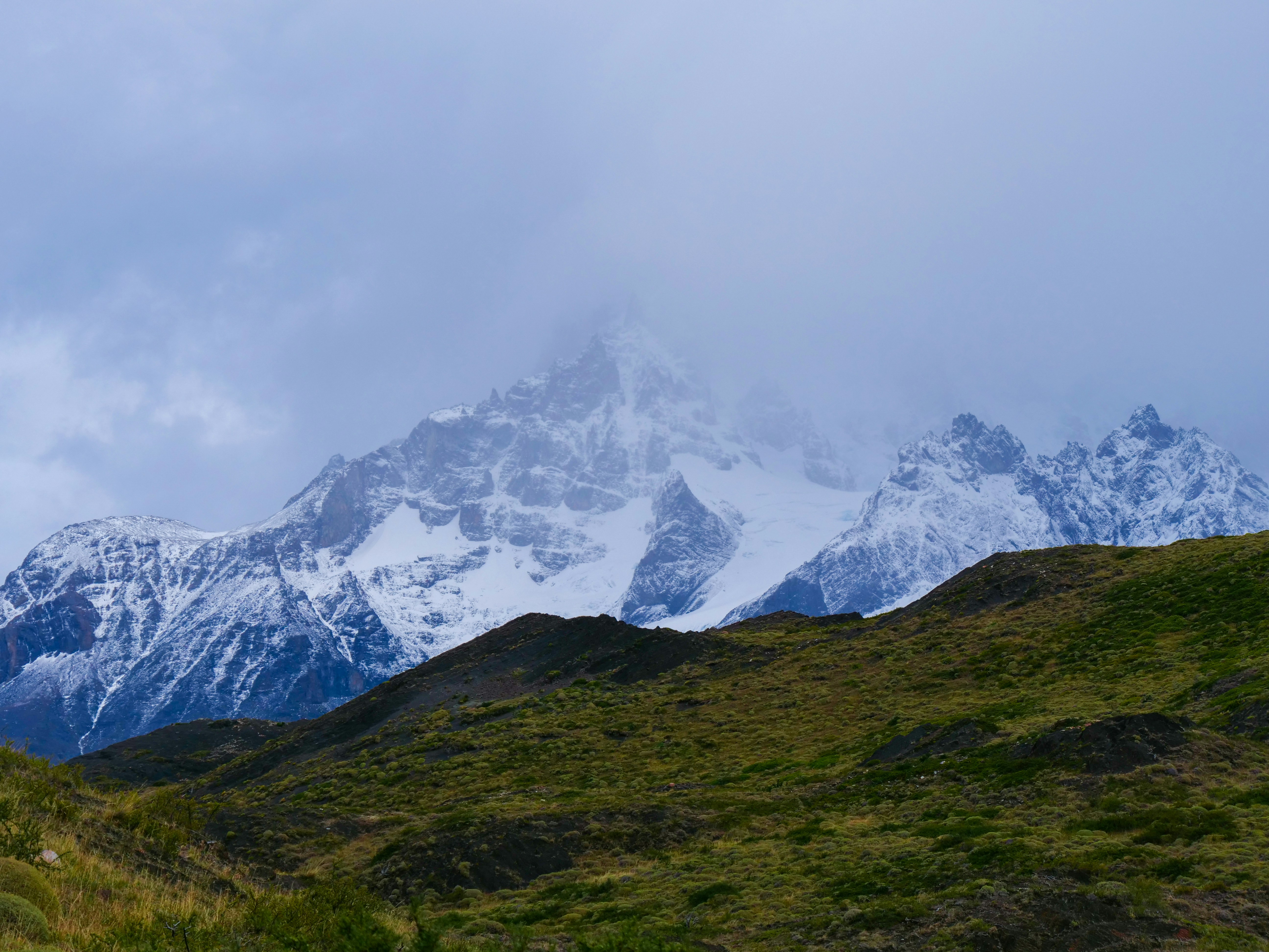 Snow-dusted mountains partially shrouded in mist against a lush green foreground.