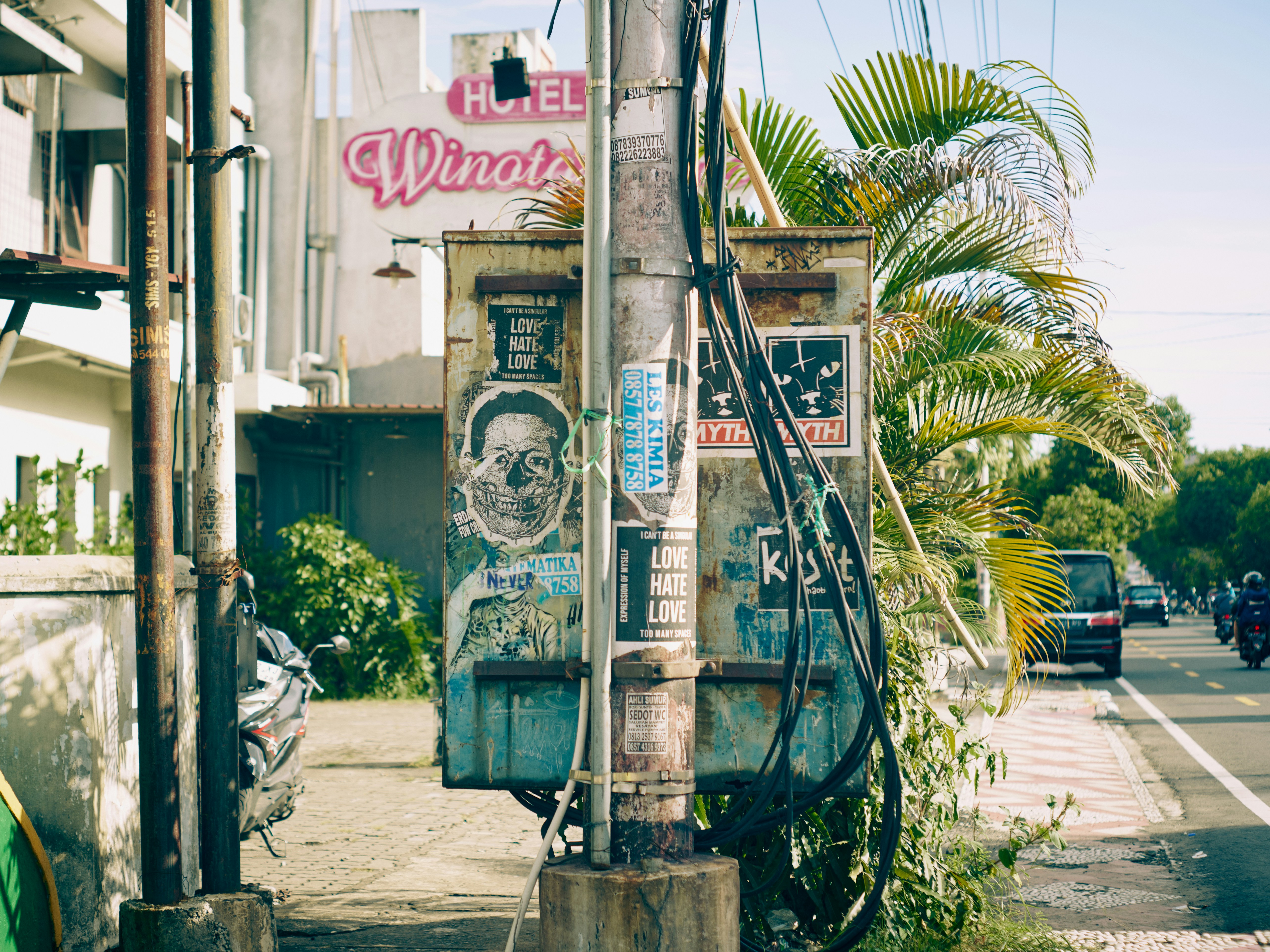 Poster-Pole Promenade: Neon Ads and Palm Shadows on a Tropical Street