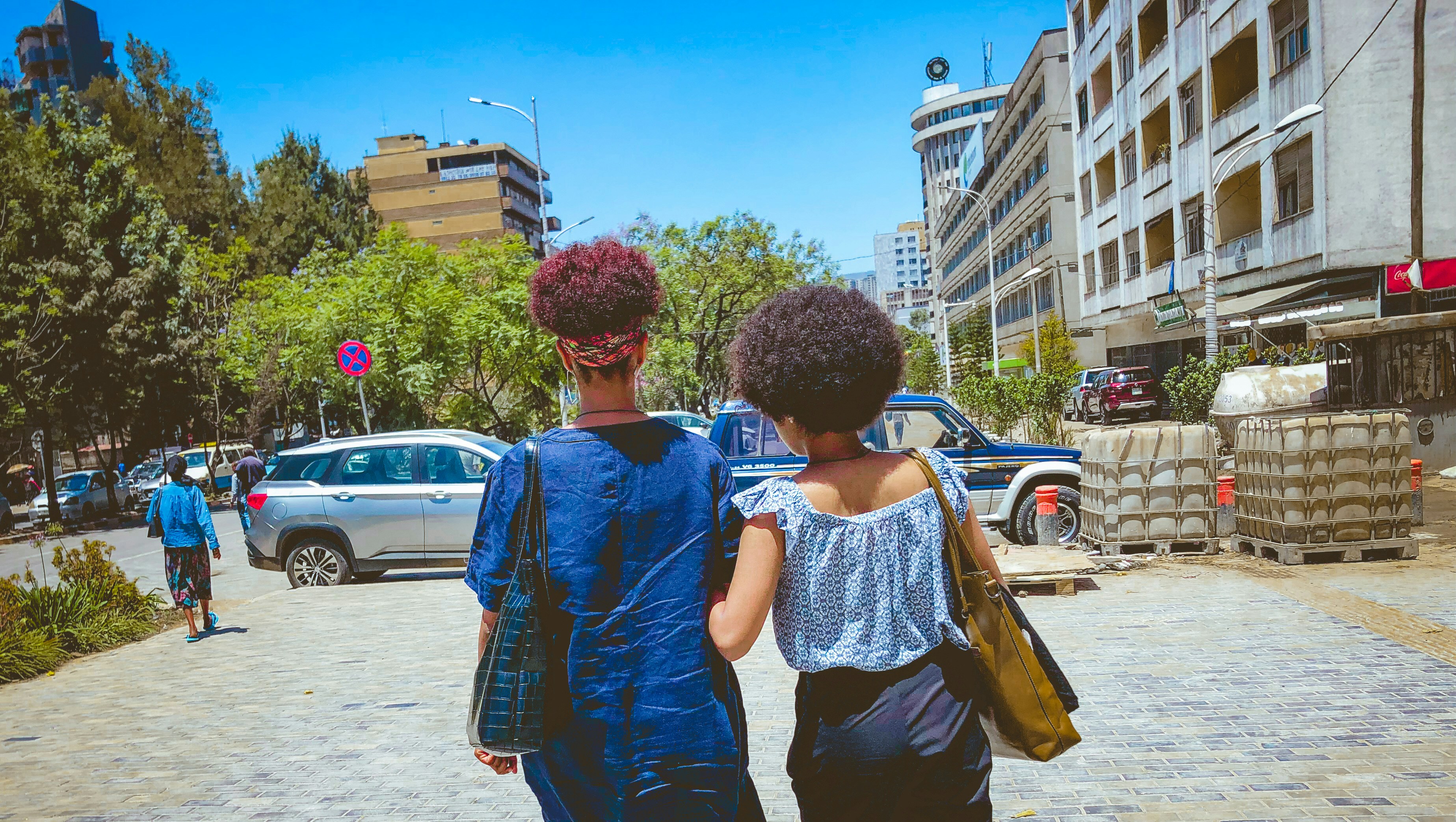 Two people with distinct hairstyles walk arm in arm along a city street lined with parked cars and buildings.